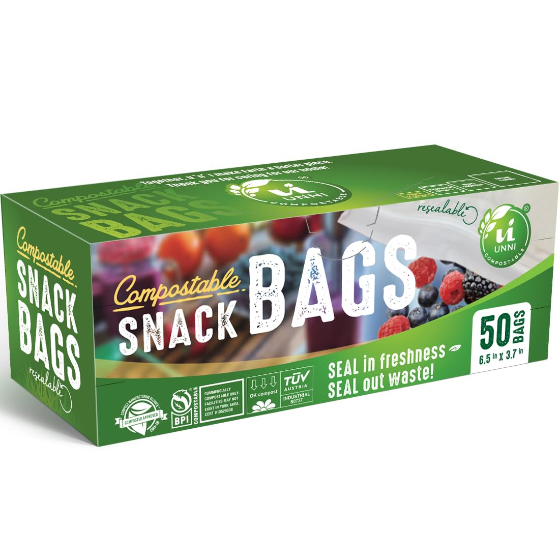 UNNI Compostable Snack Bags, DEF29 Resealable Compostable Food Bags, 50 ...