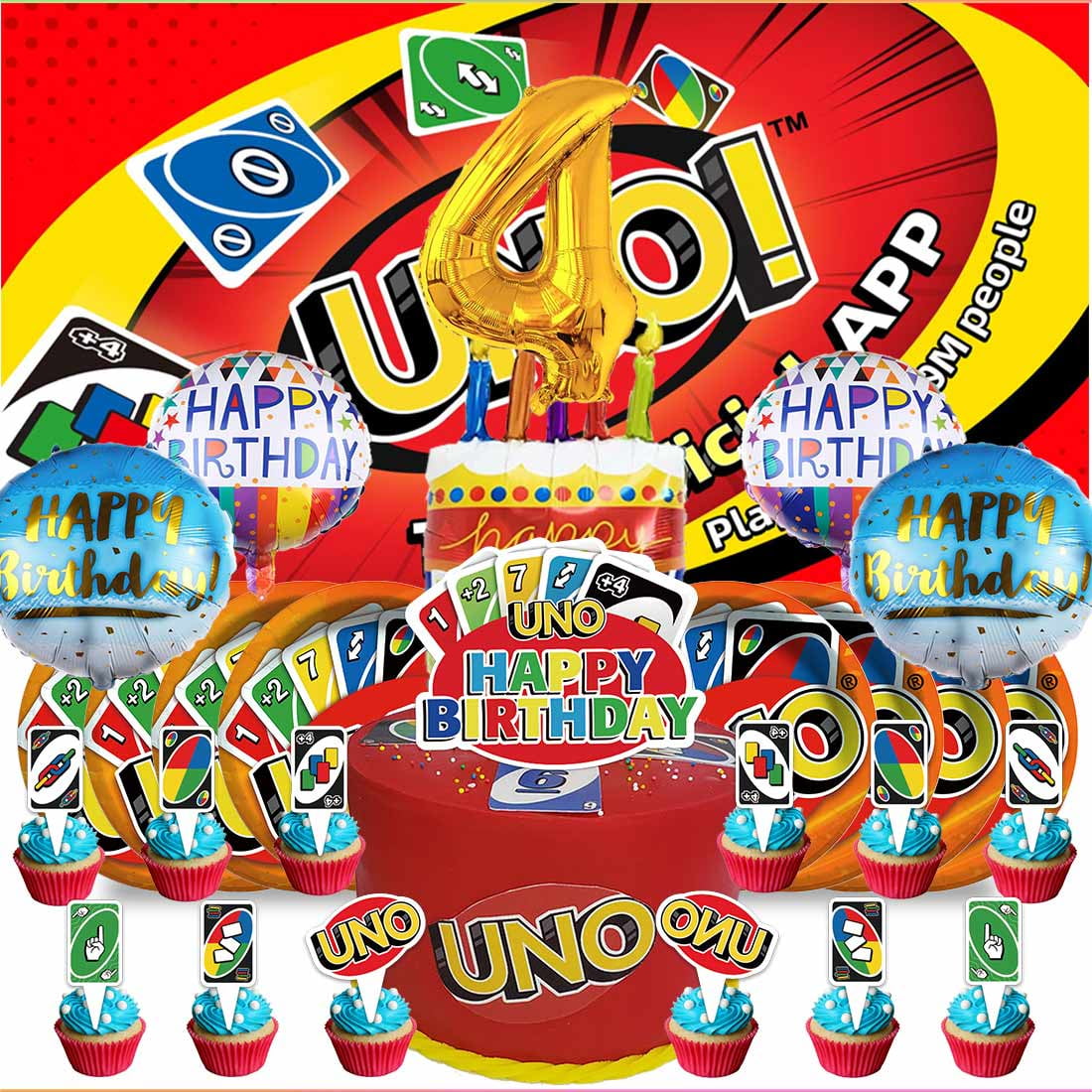 UNO 4th Tableware Balloons Cake Toppers Backdrop Banner Supplies Party ...