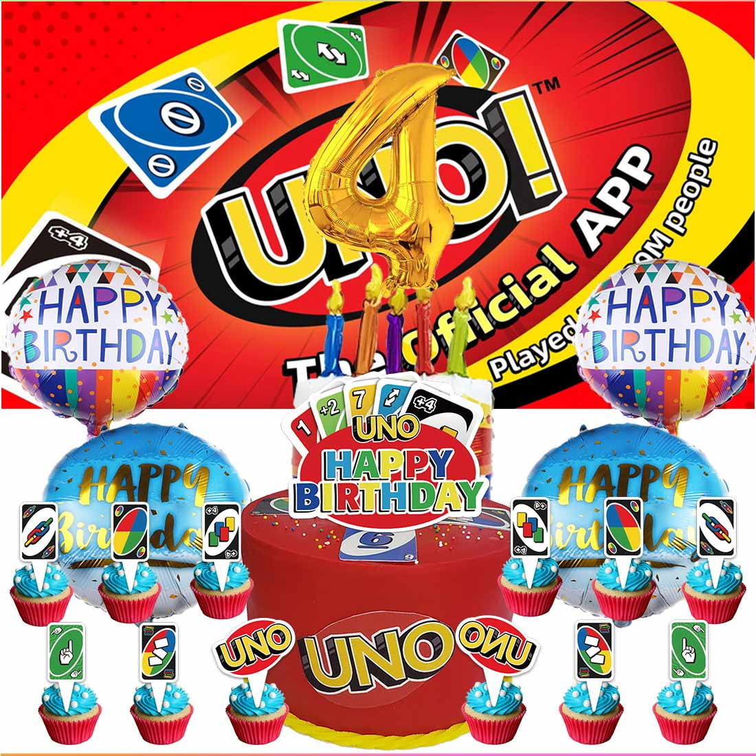 UNO Party Supplies Decor 4th Kit Balloons Birthday Cake Topper Banner ...