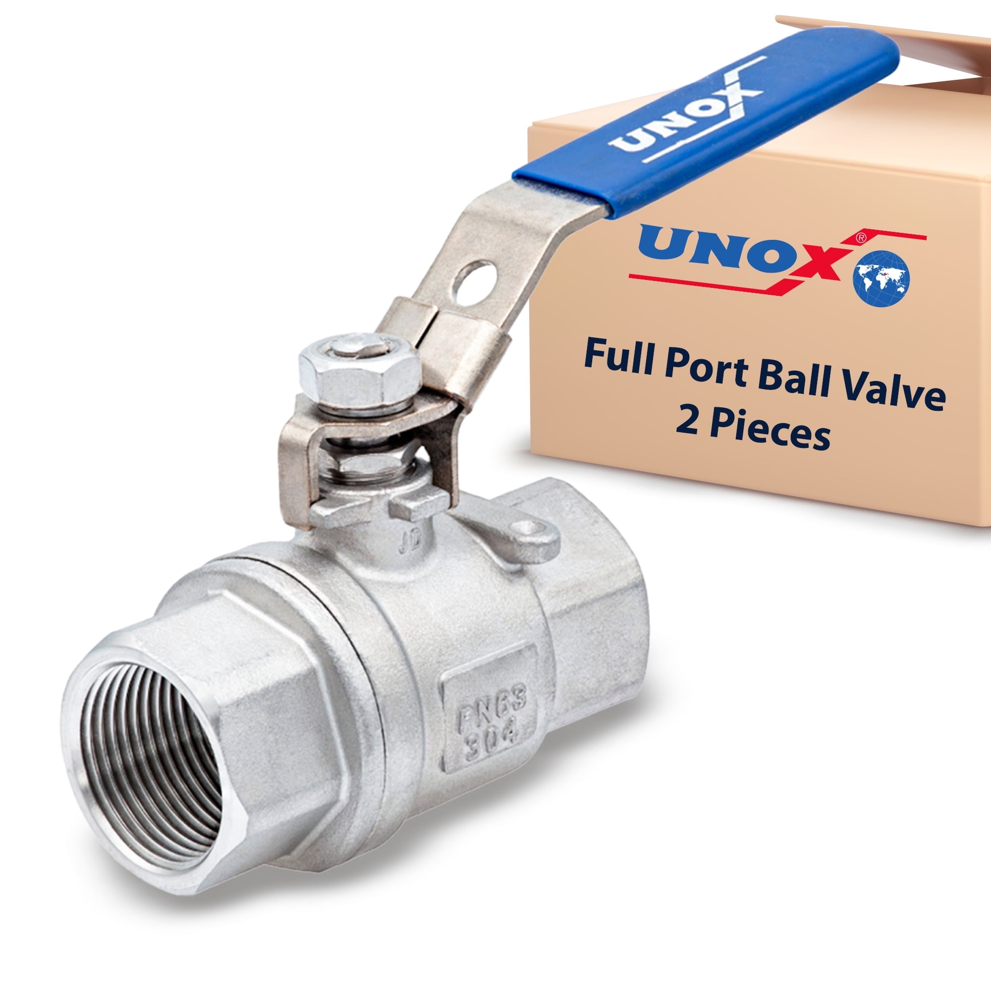 UNOX 1/2" NPT Full Port Ball Valve Two-Piece Body Design, Female Stainless Steel AISI304 Heavy ...