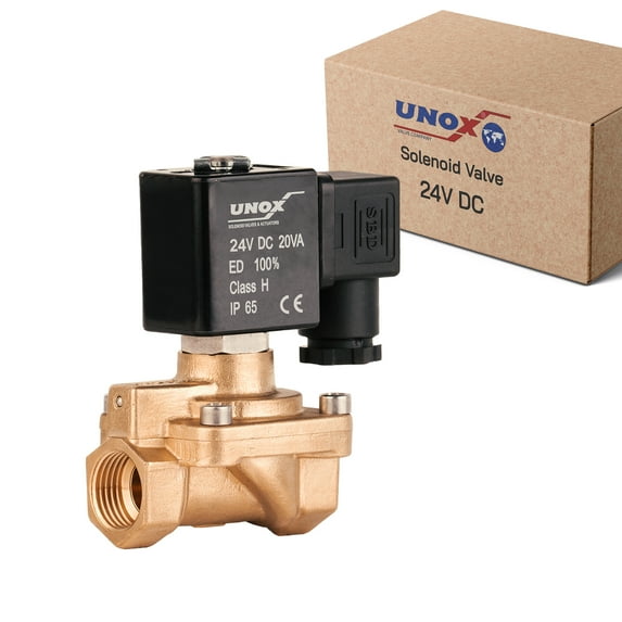 UNOX 3/8" Solenoid Valve 24V DC, Brass Control Valve Normally Closed - 0.5-16 Bars Multi-Purpose ...