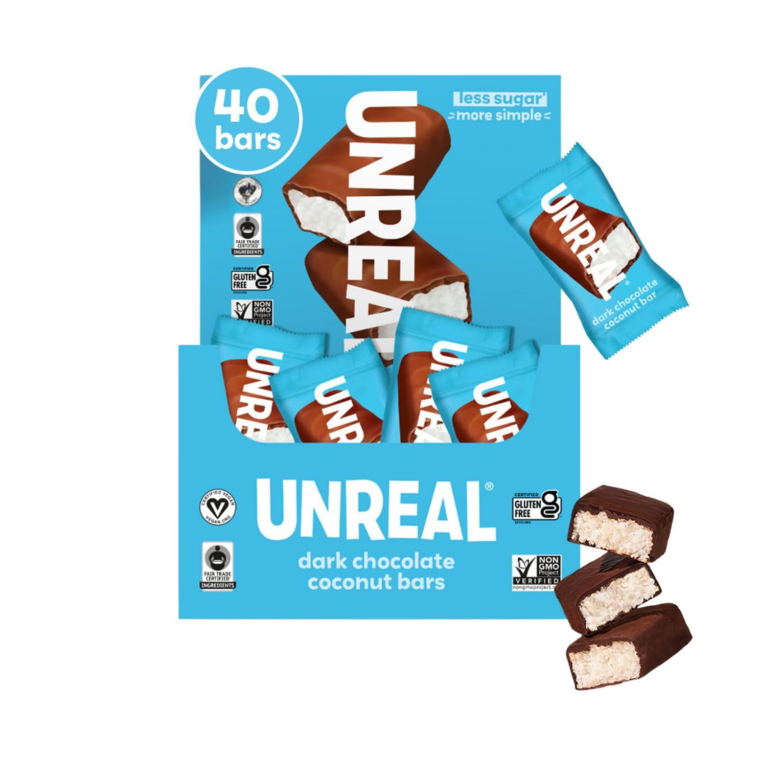 UNREAL Dark Chocolate Coconut DMF15 Bars (40 Mini Bars) | Vegan, 3g Sugar, & 3 Simple ...