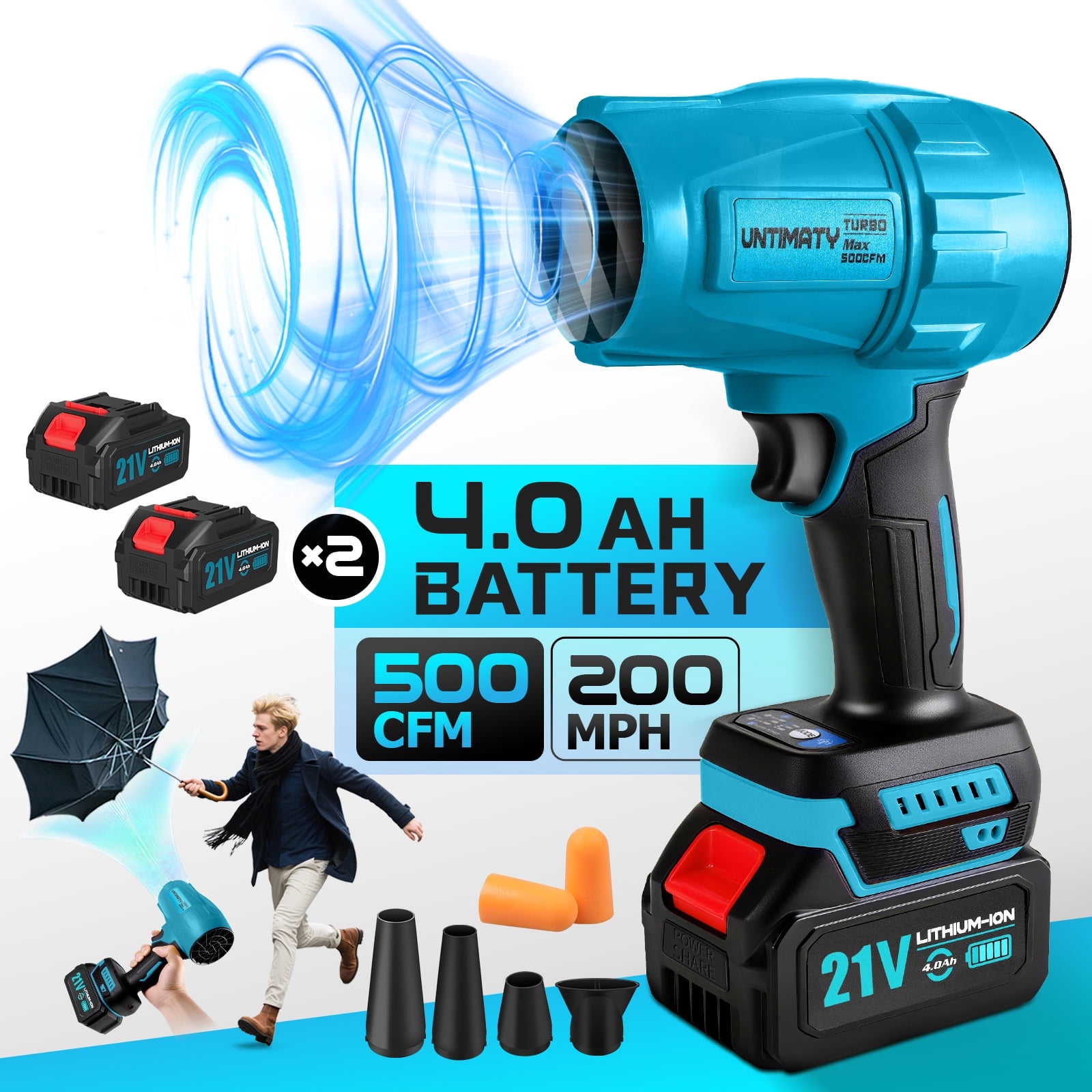 UNTIMATY 500 CFM Cordless Leaf Blower for Lawn Care 300K RPM Battery ...