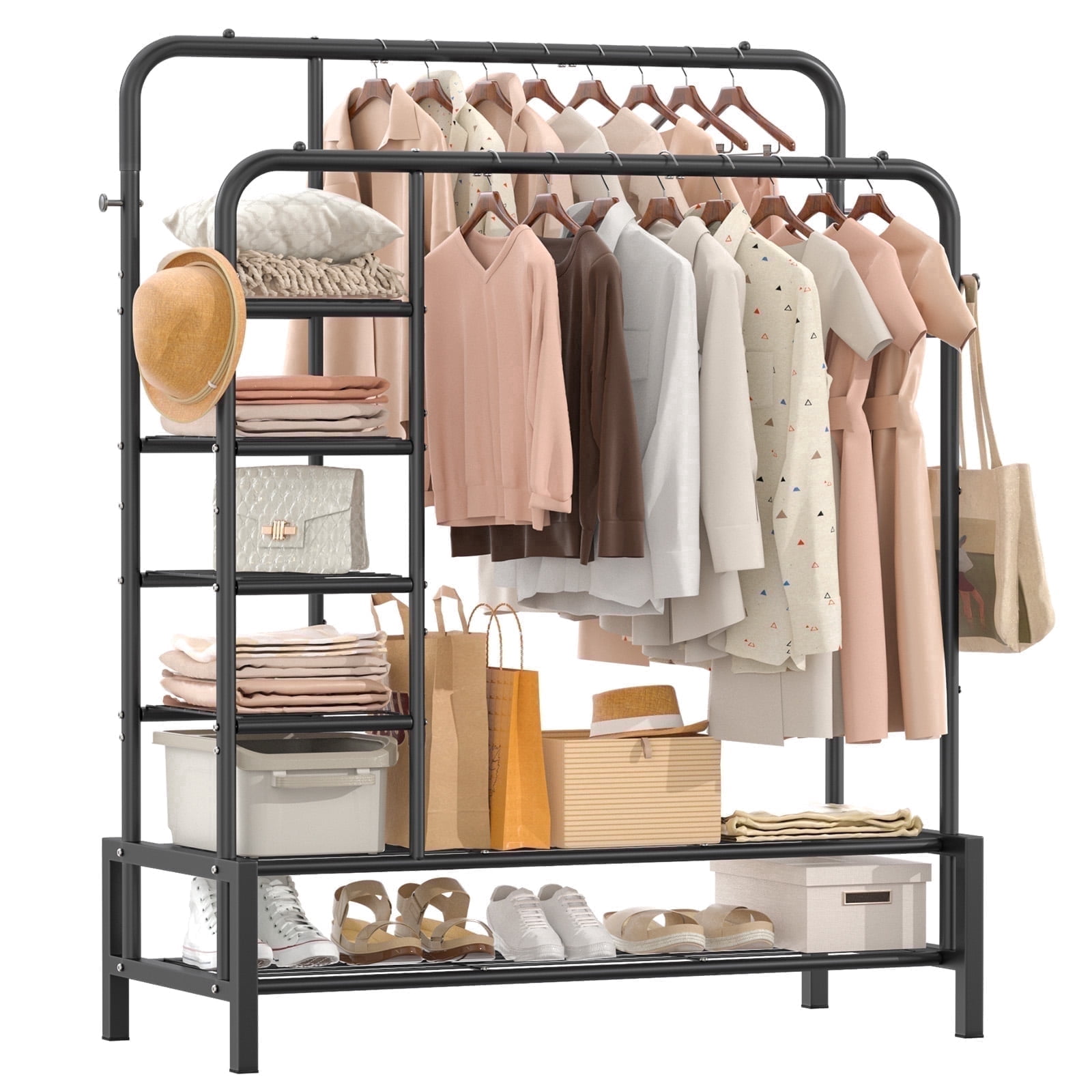 UNTIMATY Heavy Duty Clothing Garment Rack, Double Rails, 2 Shoe Shelves ...