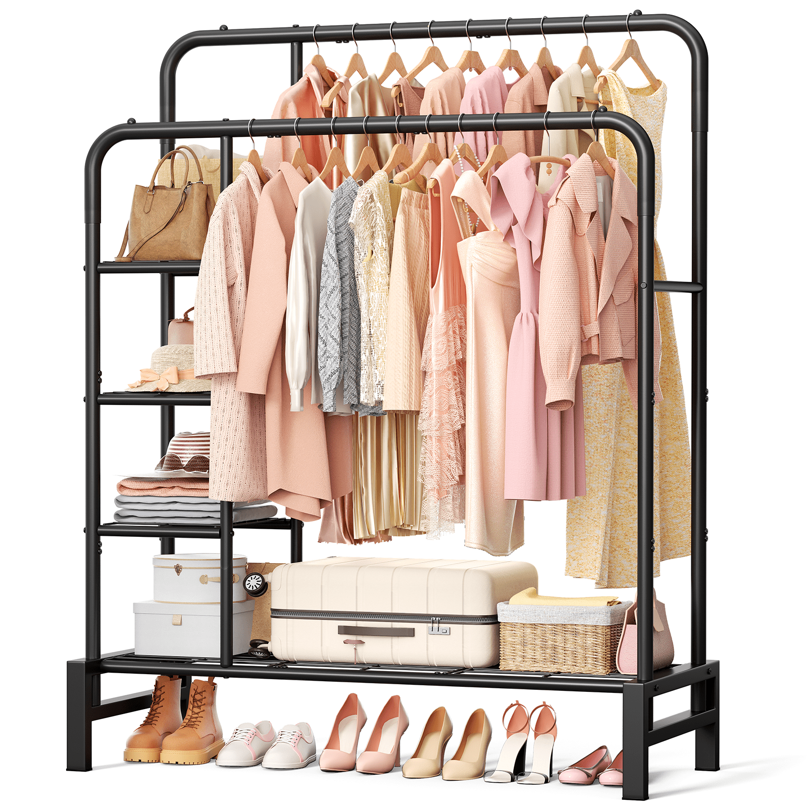 UNTIMATY Double Rod Clothes Rack with 4-Shelves Heavy Duty Freestanding ...