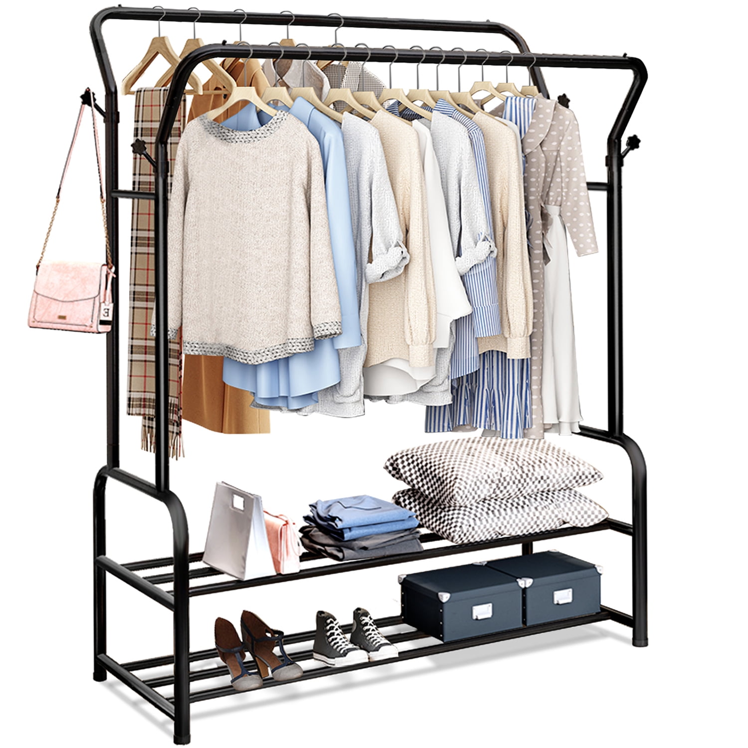 UNTIMATY Heavy Duty Double Rail Clothes Rack with 2-Tier Shelf and 4 ...