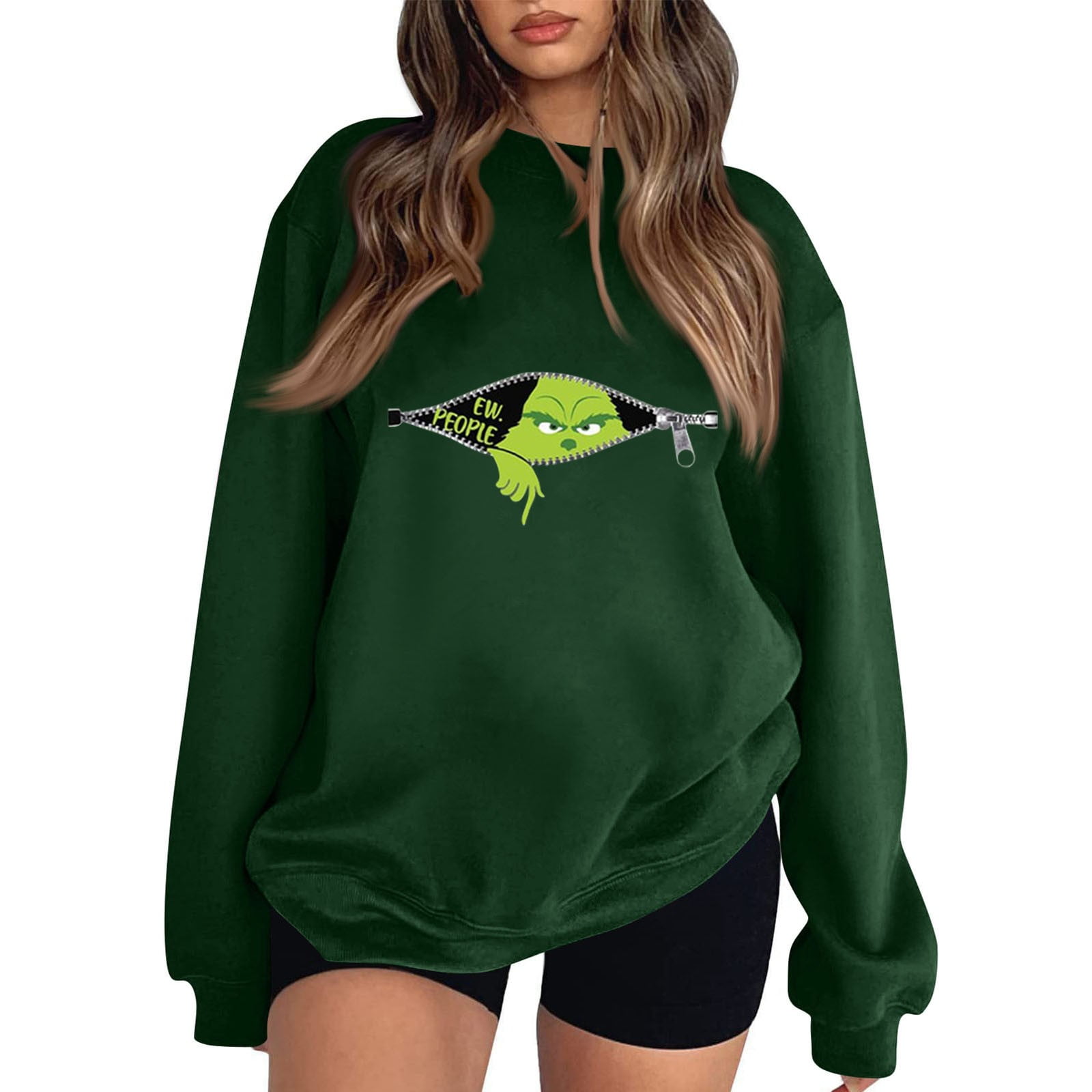 UOFOCO Grinch Shirts for Women Crew-Neck Cute Long-Sleeved Casual ...