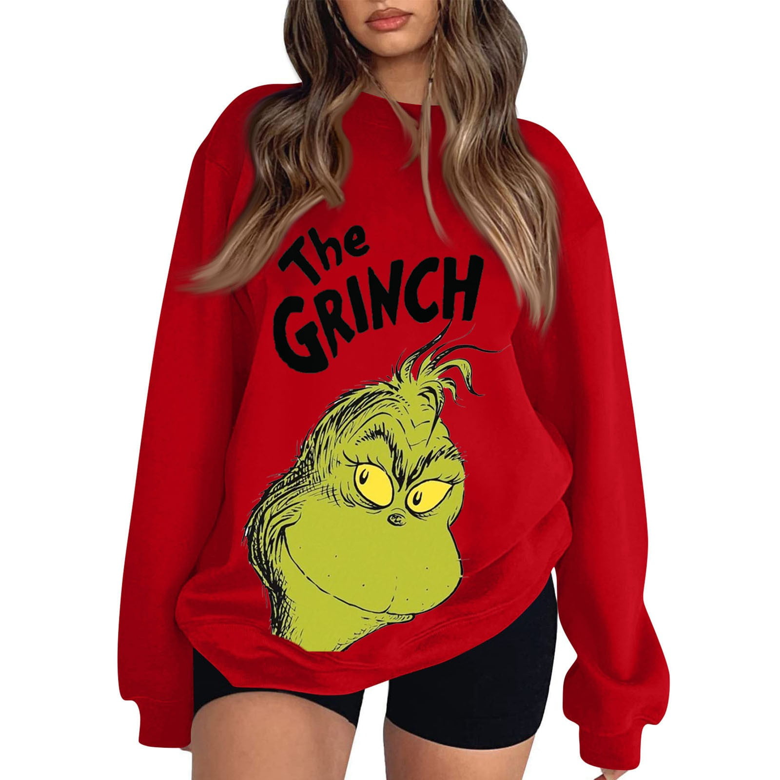 UOFOCO Plus Size Christmas Tops Casual Grinch Patterned Long Sleeve ...