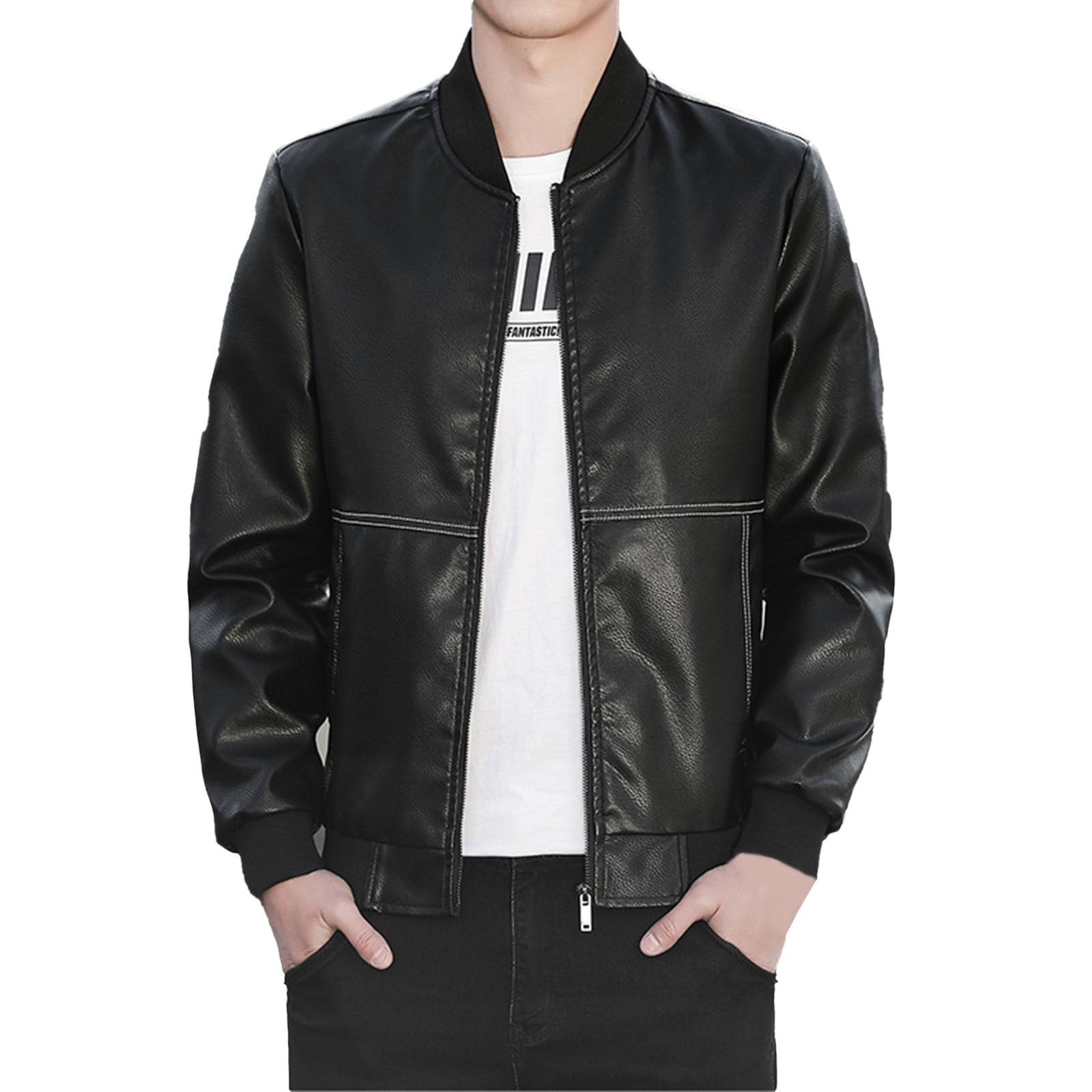 UOOEWR Slim Style Cool Jacket Young Locomotive Vertical Collar Leather ...