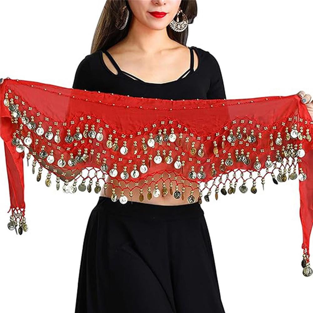 UOYOT 3 Row Belly Dance Hip Wrap Scarf Skirt Costume Belt Outfit Gold ...