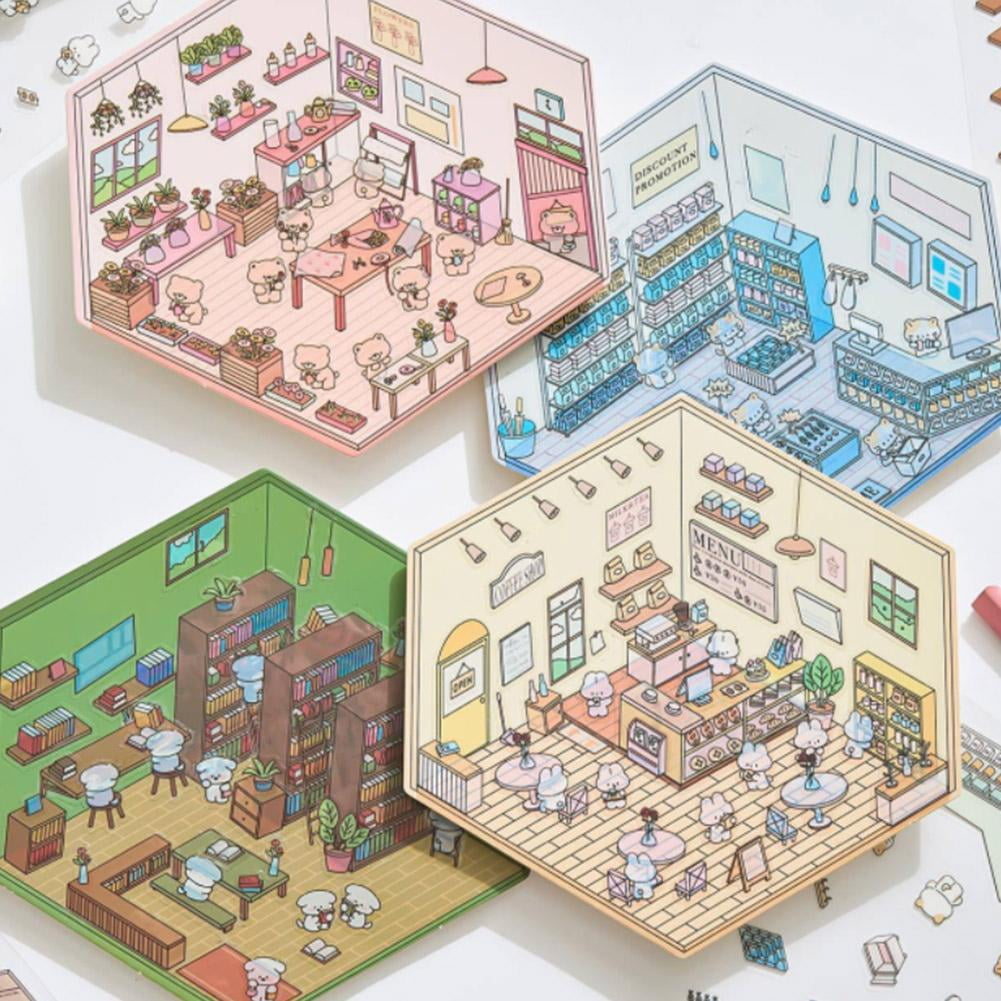 UOYOTT 3D Miniature Scene Stickers Funny Cute Korean Cartoon Scenes Mini Sticker X1U1 Handmade ...