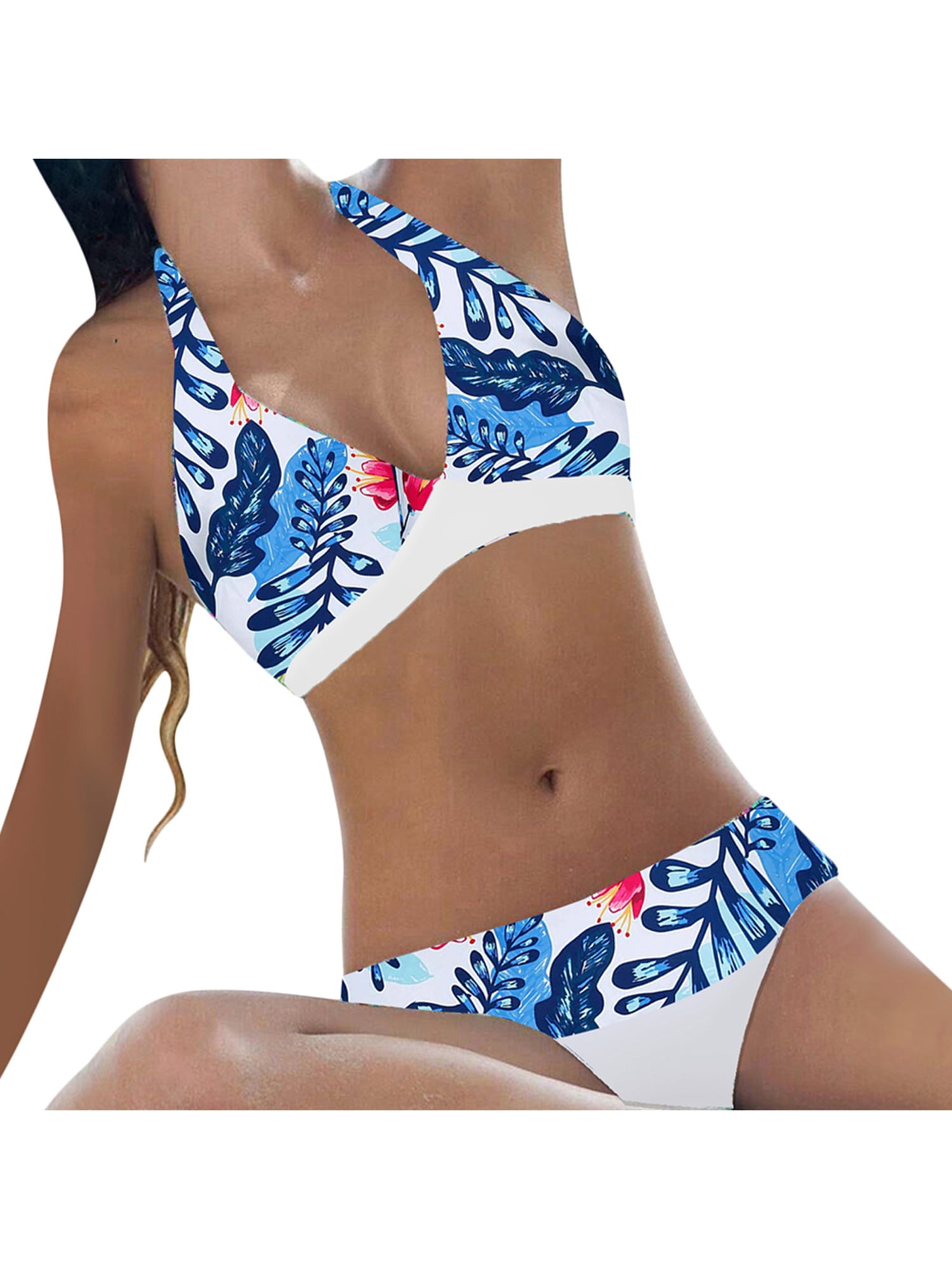 Upairc Women Sexy Bikini Set Floral Swimwear Summer Swimsuit Blue S