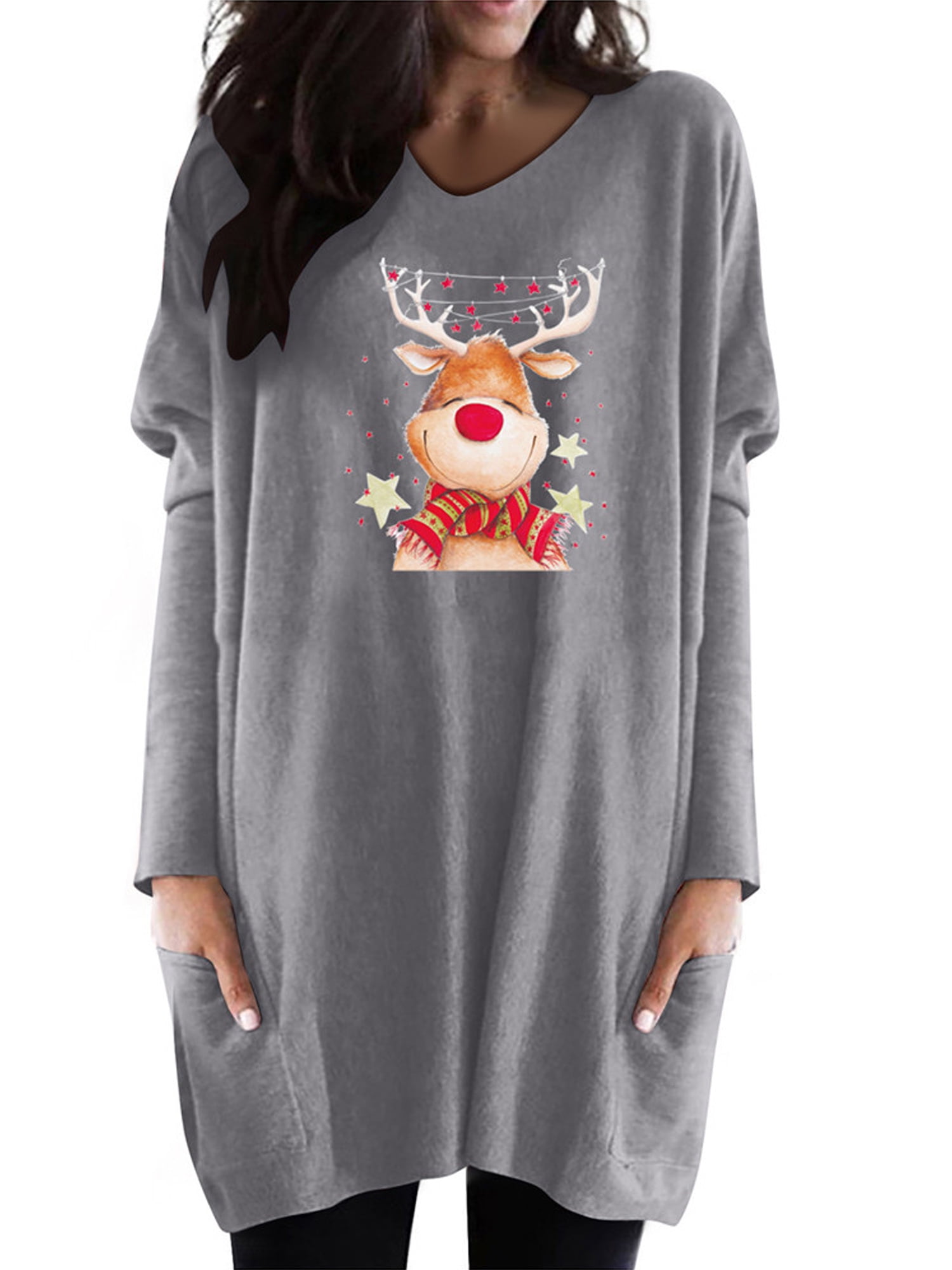 UPAIRC Womens Christmas Blouse Plus Size Pullover Tops Mini Dress Gray ...