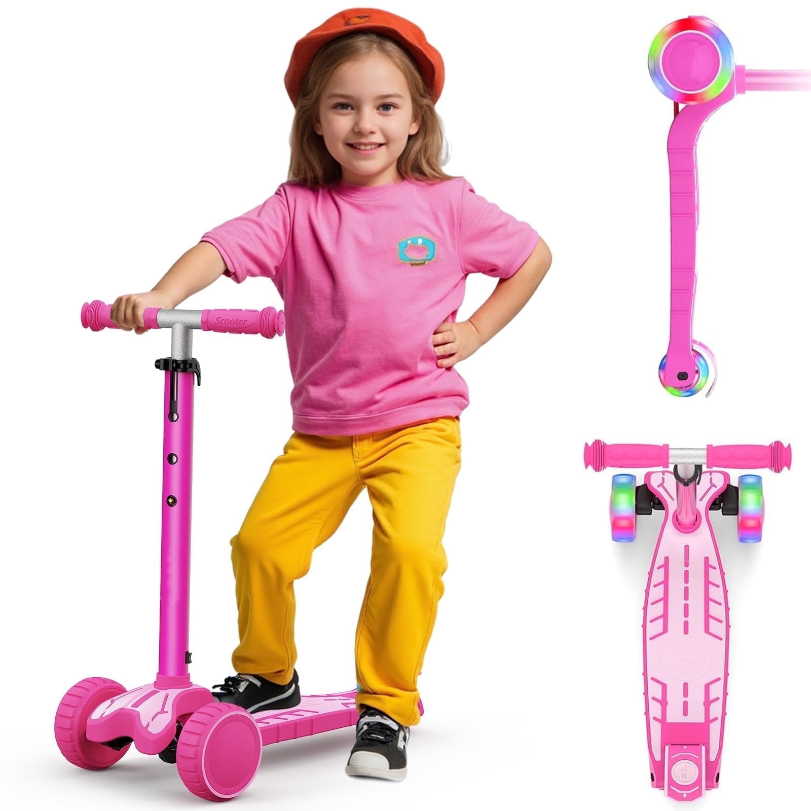 UPGO 3 Wheel Kid Scooter, 25mm Extra Thick Deck & Light Up Wheels, Adjustable Heights for Kids ...