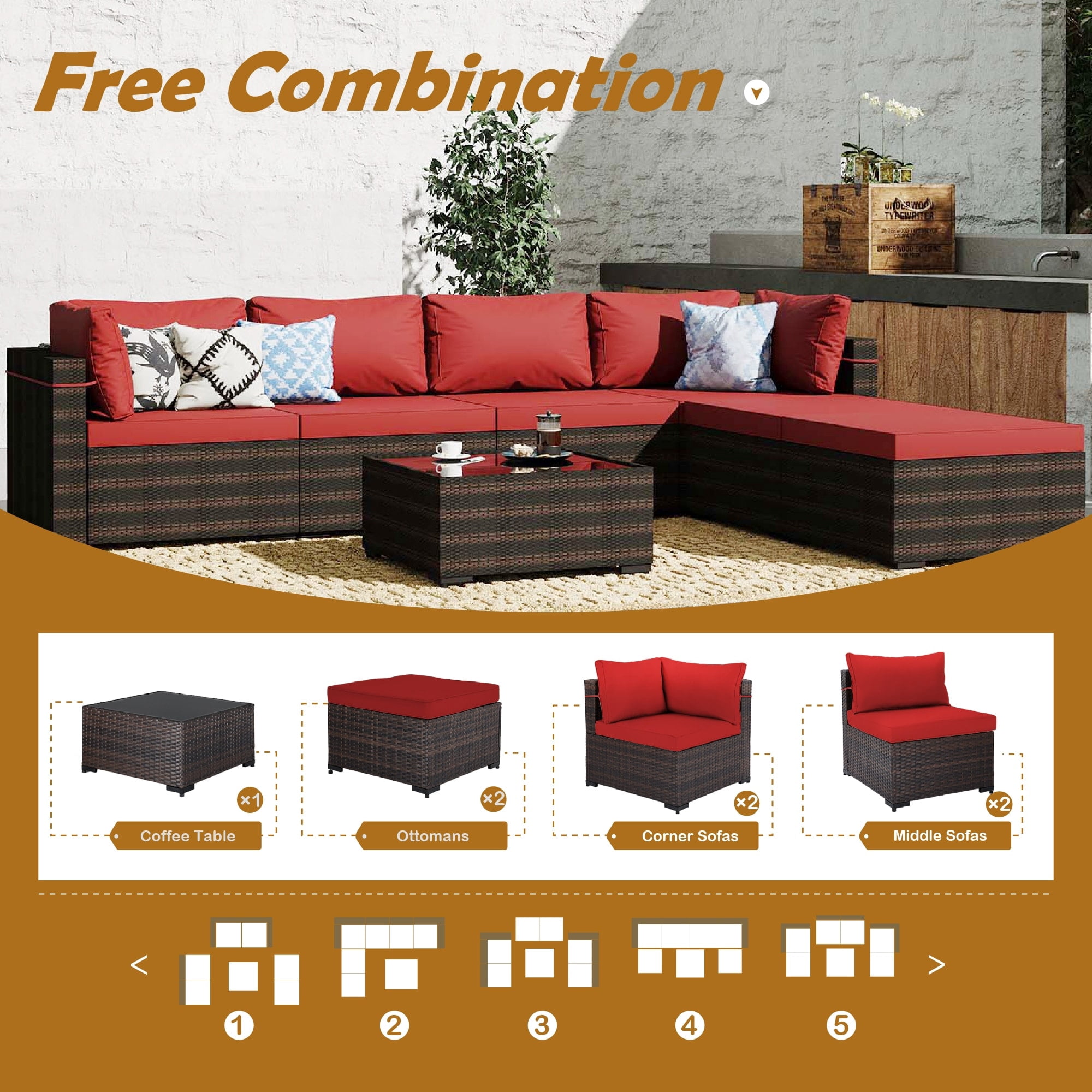 UPHA 6-Person Outdoor Furniture Set Patio Wicker Conversation Set Red ...