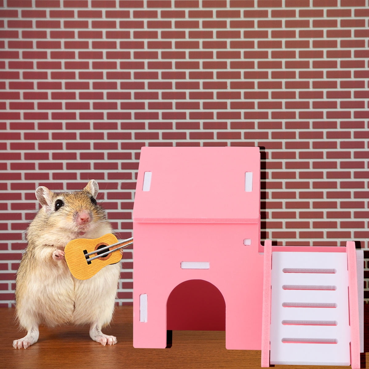 UPKOCH Animal Hideout Hut Wooden Hamster Double-Deck Ladder Villa Pink ...