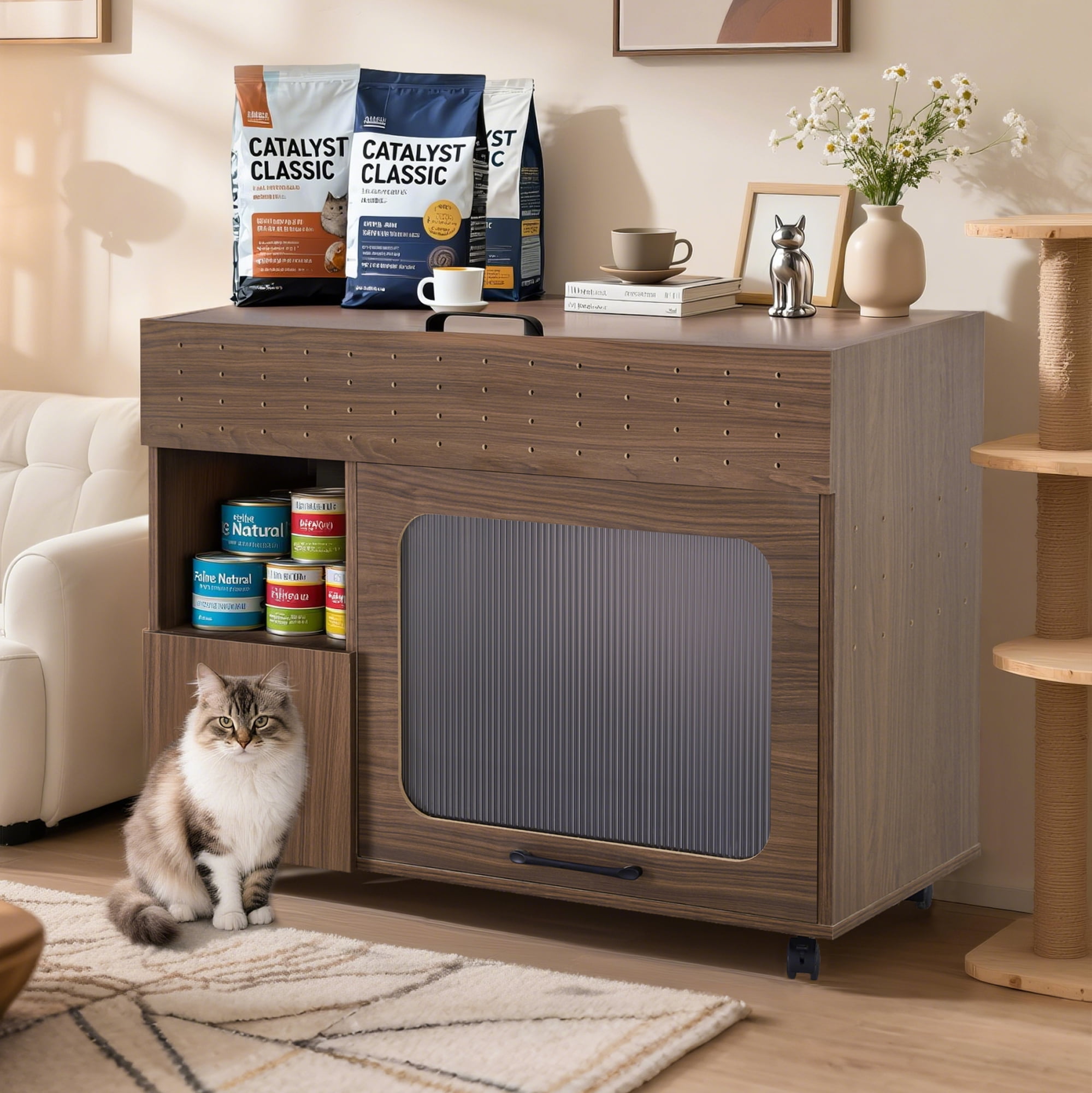 UPLLX Cat Litter Box Side Table – 2-in-1 Hidden Storage Walnut ...