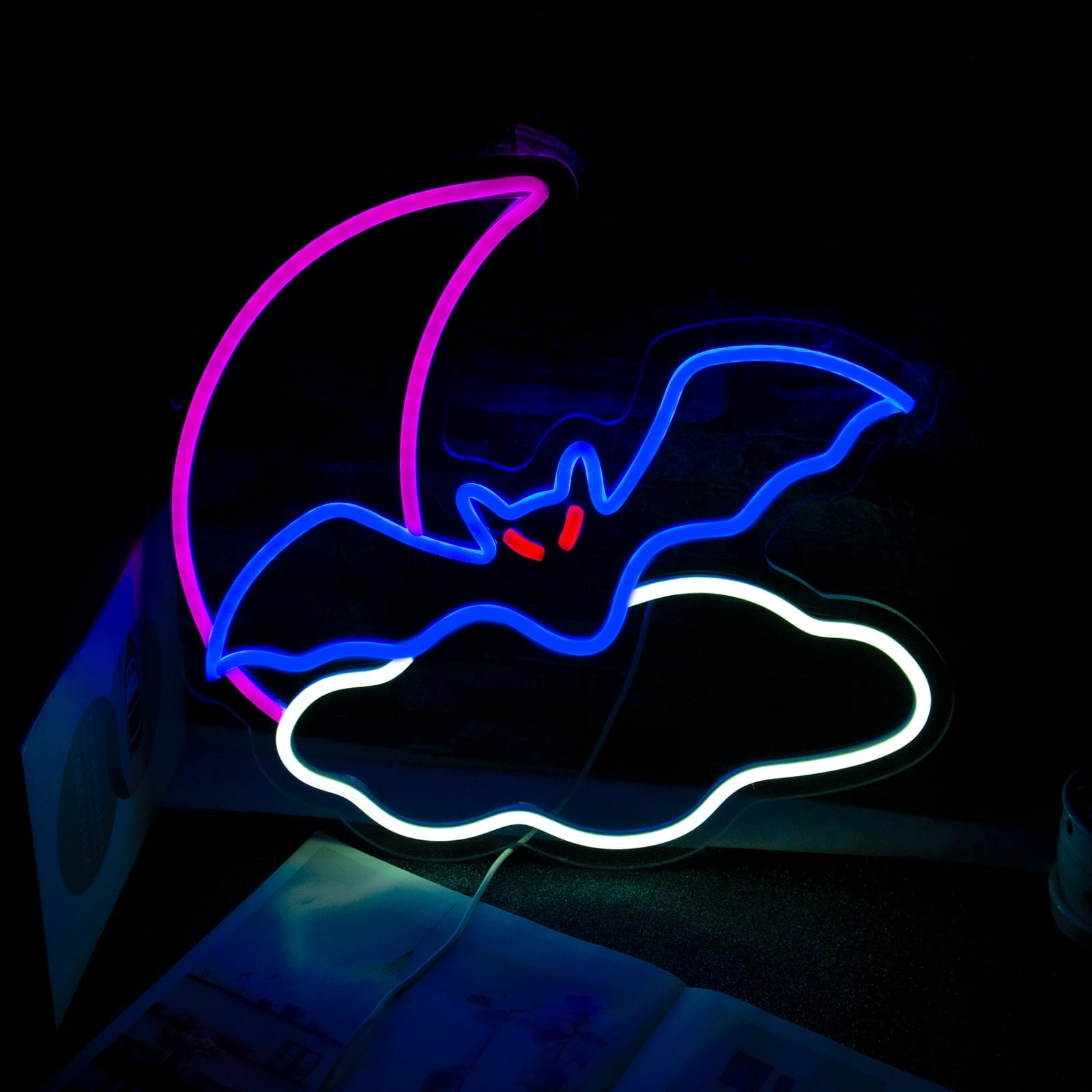 UPONRAY Cloud Bat Moon Neon Light Sign Halloween Neon Signs for Wall Decor Dimmable 5v USB ...