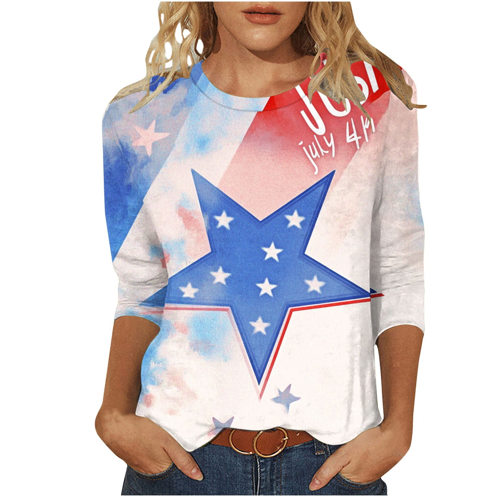UPPADA 4th of July 3/4 Sleeve T Shirts for Women Summer American Flag Tops Patriotic Tees ...