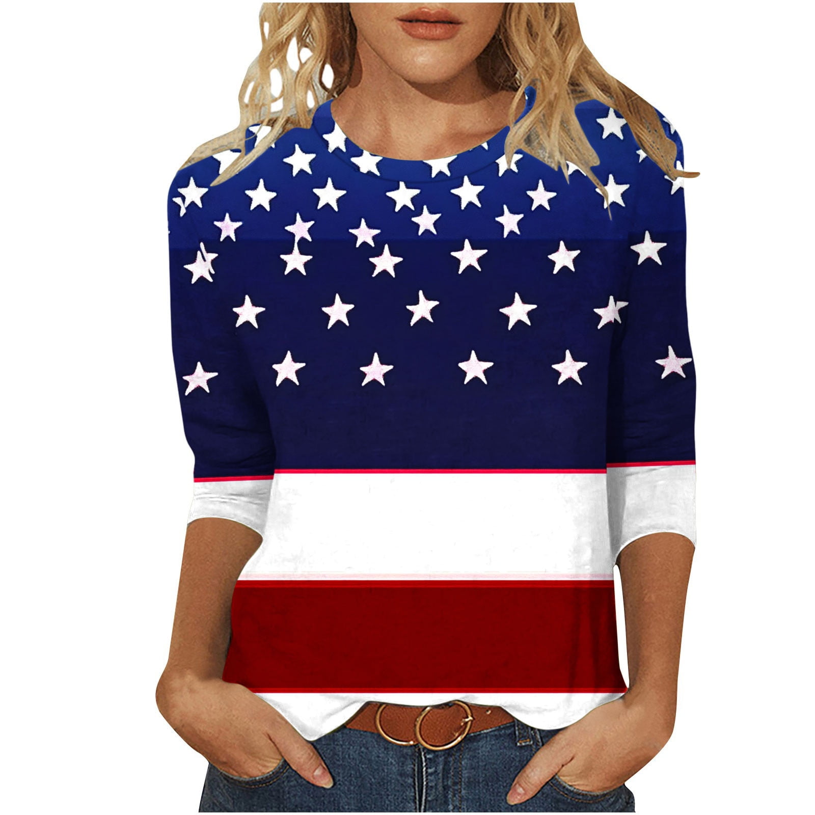 UPPADA 4th of July 3/4 Sleeve T Shirts for Women Summer American Flag Tops Patriotic Tees ...