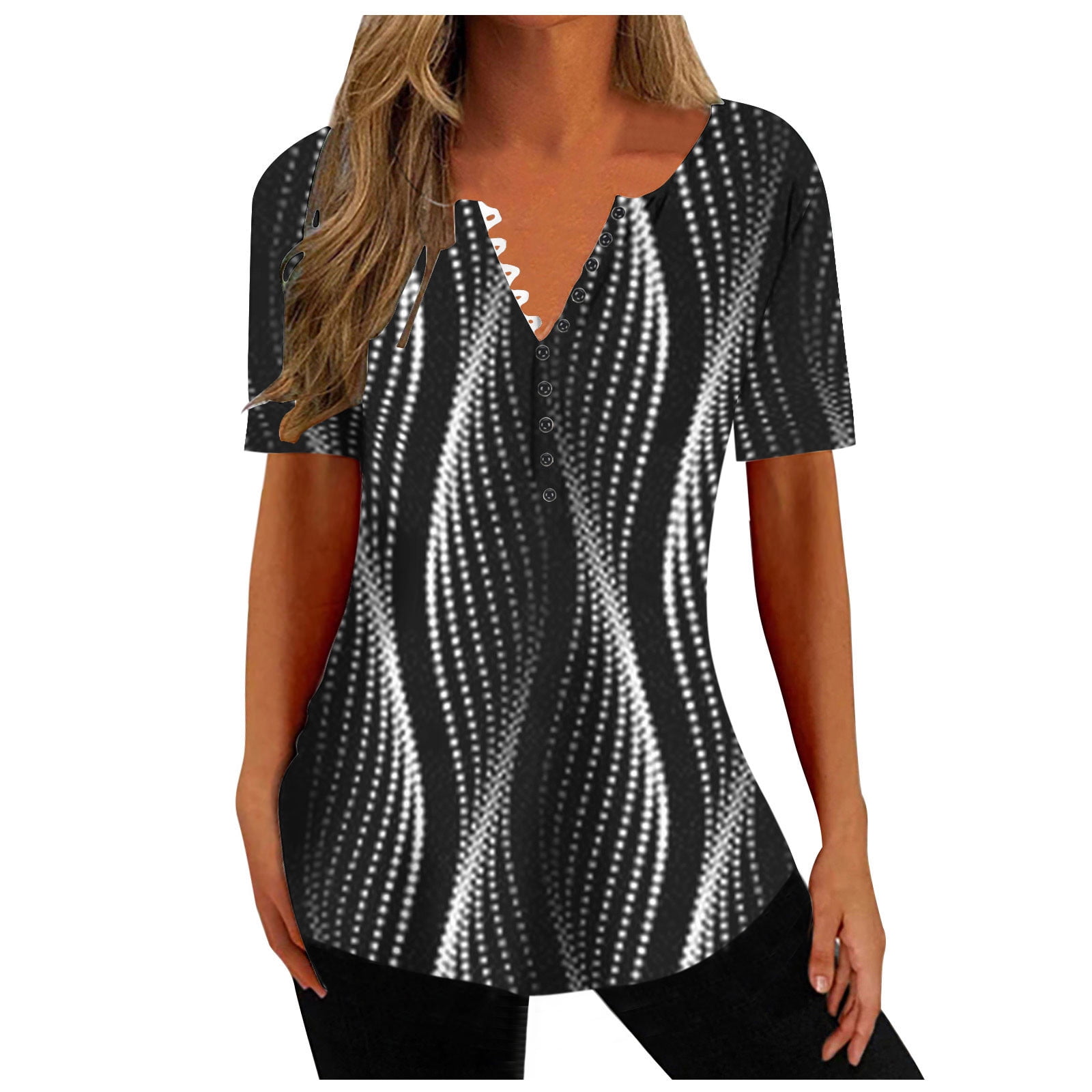 UPPADA Boho Tops for Women Womens Hide Belly Tunic Buttons V Neck ...