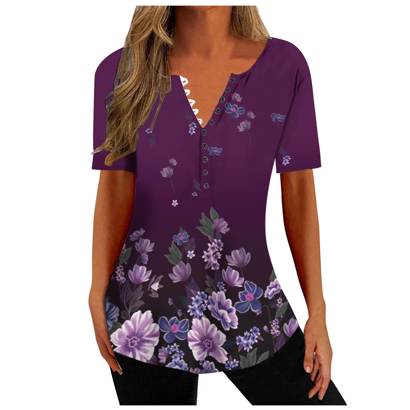 UPPADA Dressy Tops for Women Womens Hide Belly Tunic Buttons V Neck ...