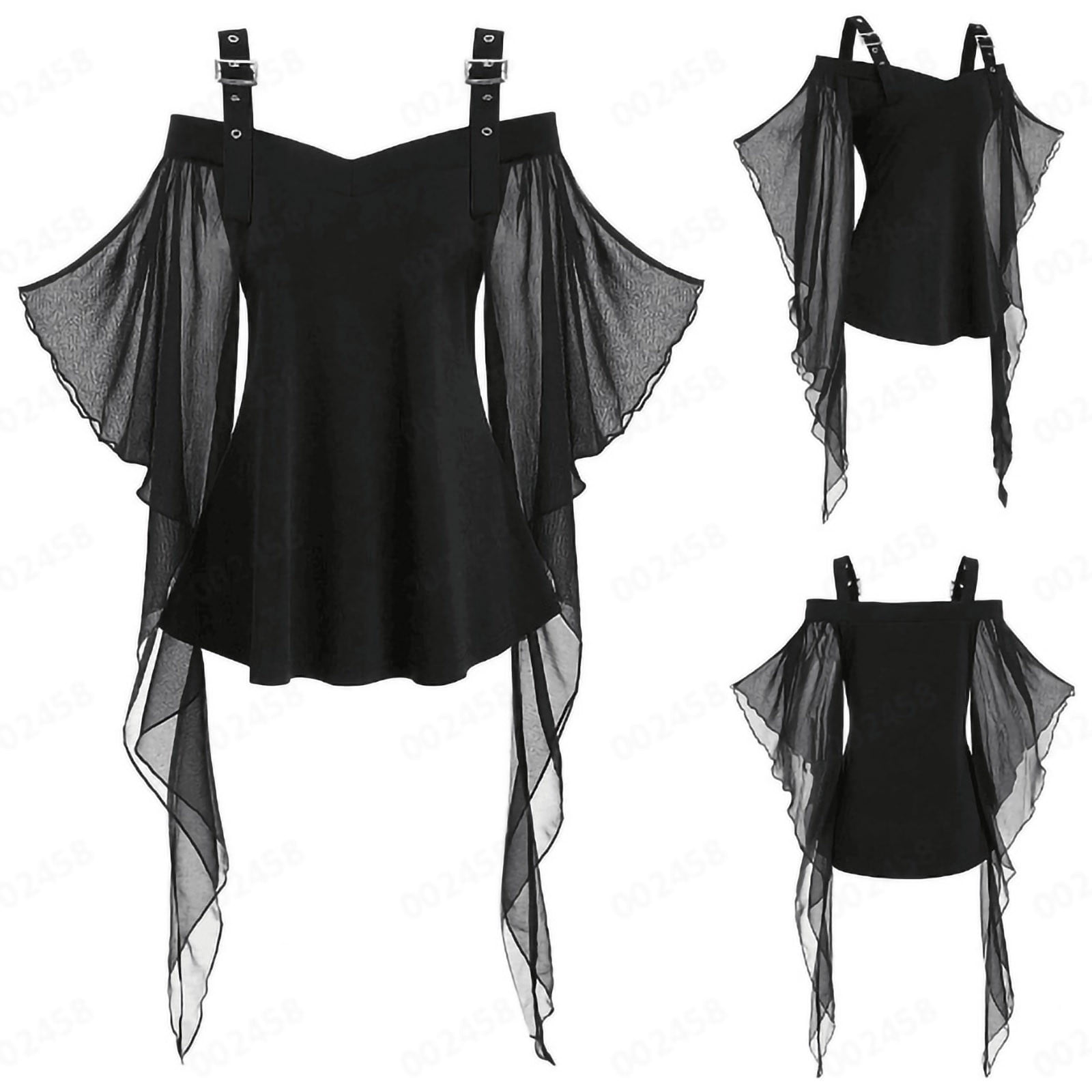 UPPADA Goth Clothes for Women Mesh Butterfly Trumpet Sleeve Shirts ...