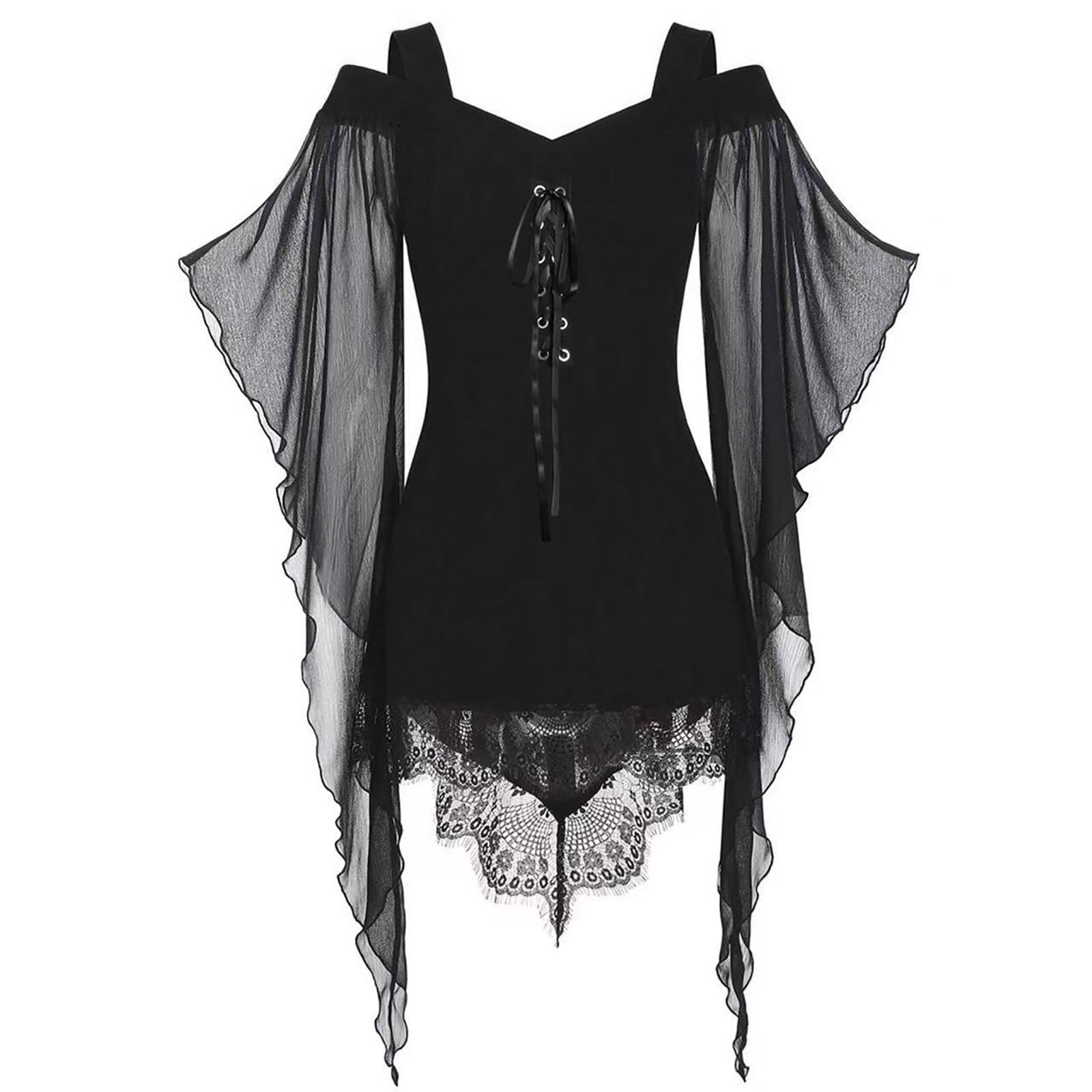 UPPADA Goth Clothes for Women Mesh Butterfly Trumpet Sleeve Shirts ...
