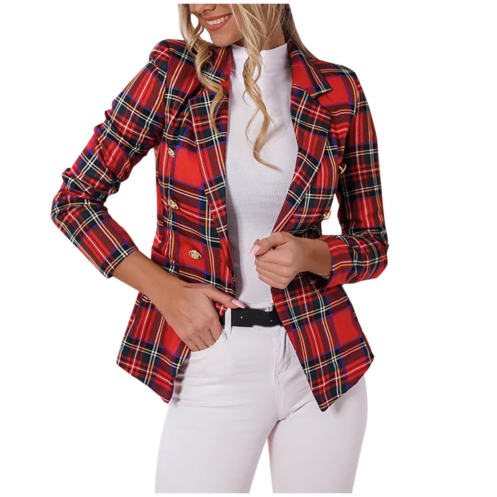 UPPADA Plaid Open Front Jackets for Women Business Casual Lapel Collar ...
