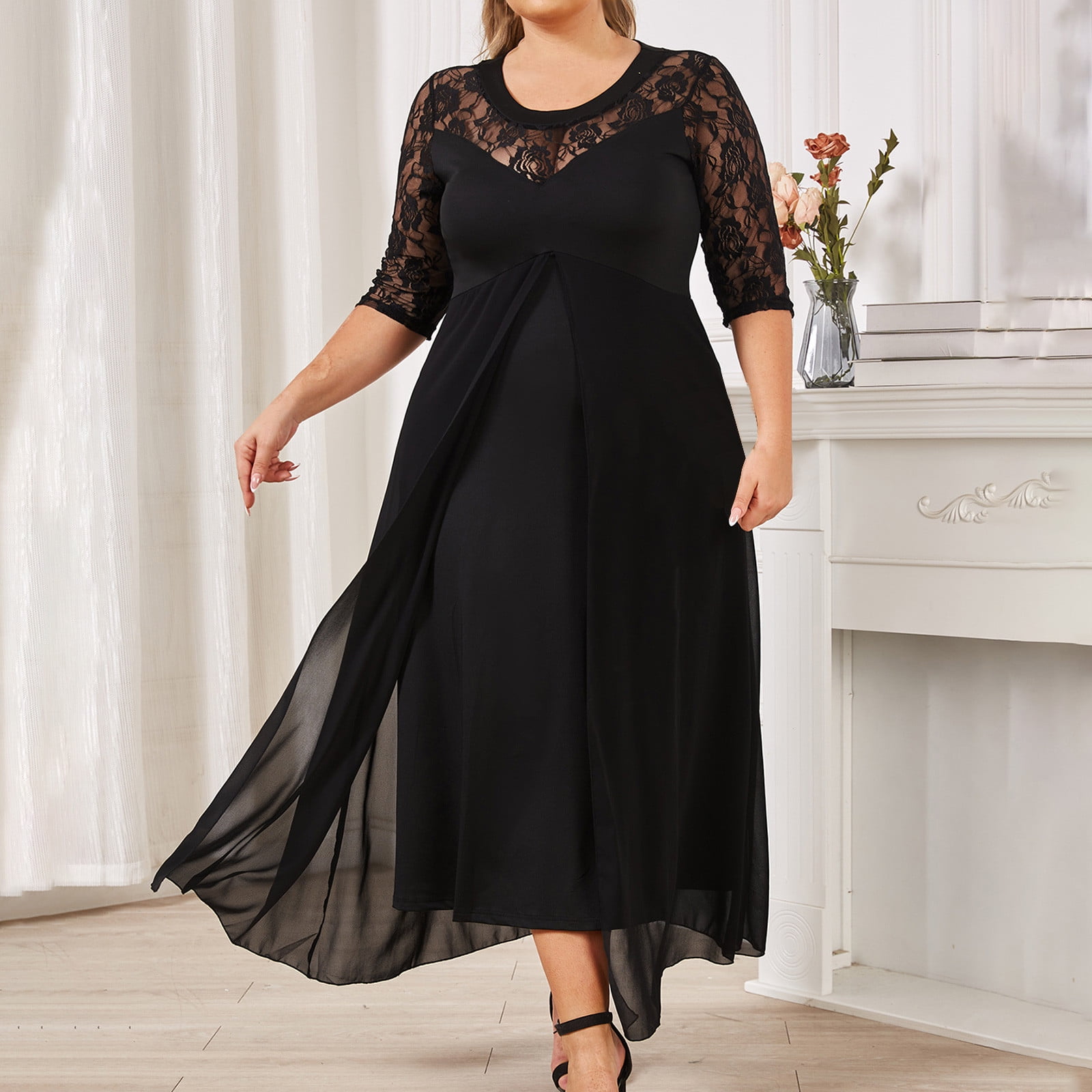 UPPADA Plus Size Dresses for Women Wedding Guest Cocktail Dress Short Sleeve V Neck Tie Waist ...