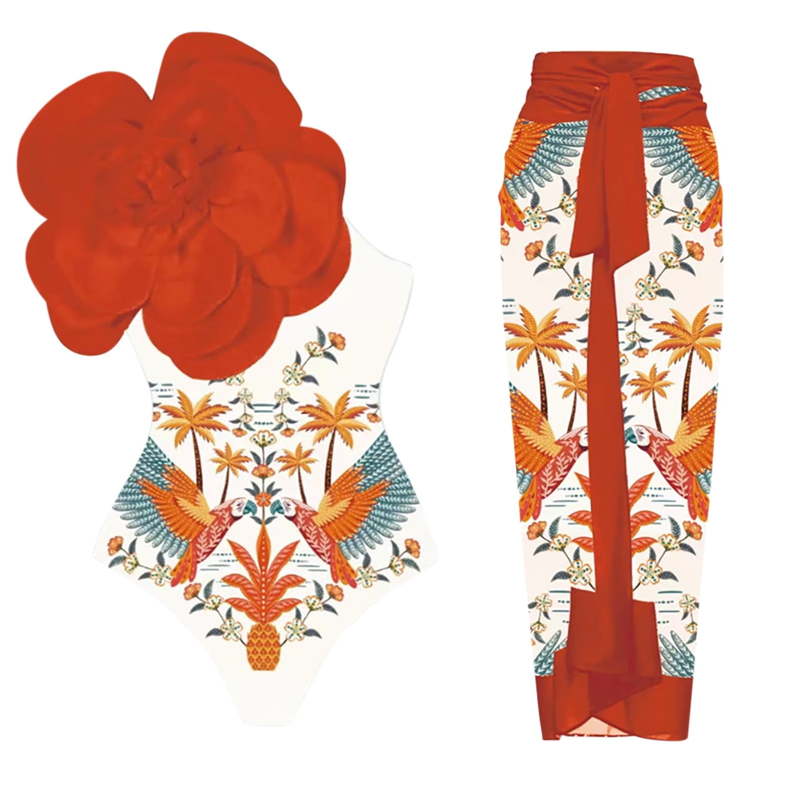 UPPADA Retro Bathing Suit with Beach Cover Up Wrap Skirt Bikini Set ...