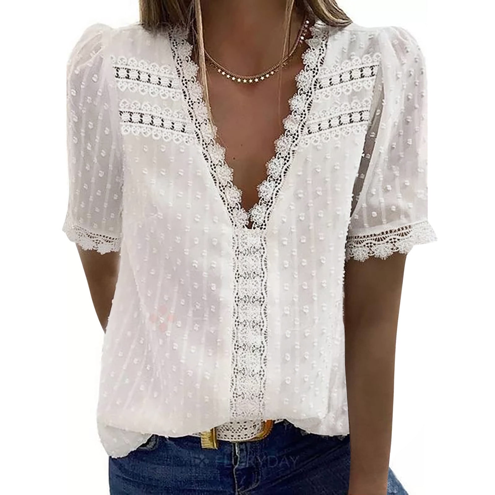 UPPADA Western Clothes for Women,Ladies Solid Color Lace Mesh Dot Tunic ...
