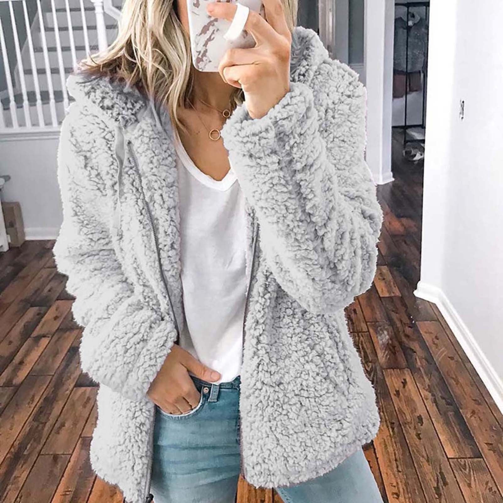 UPPADA Women's Plus Size Polar Fleece Winter Coat, Long Sleeve Cardigan ...