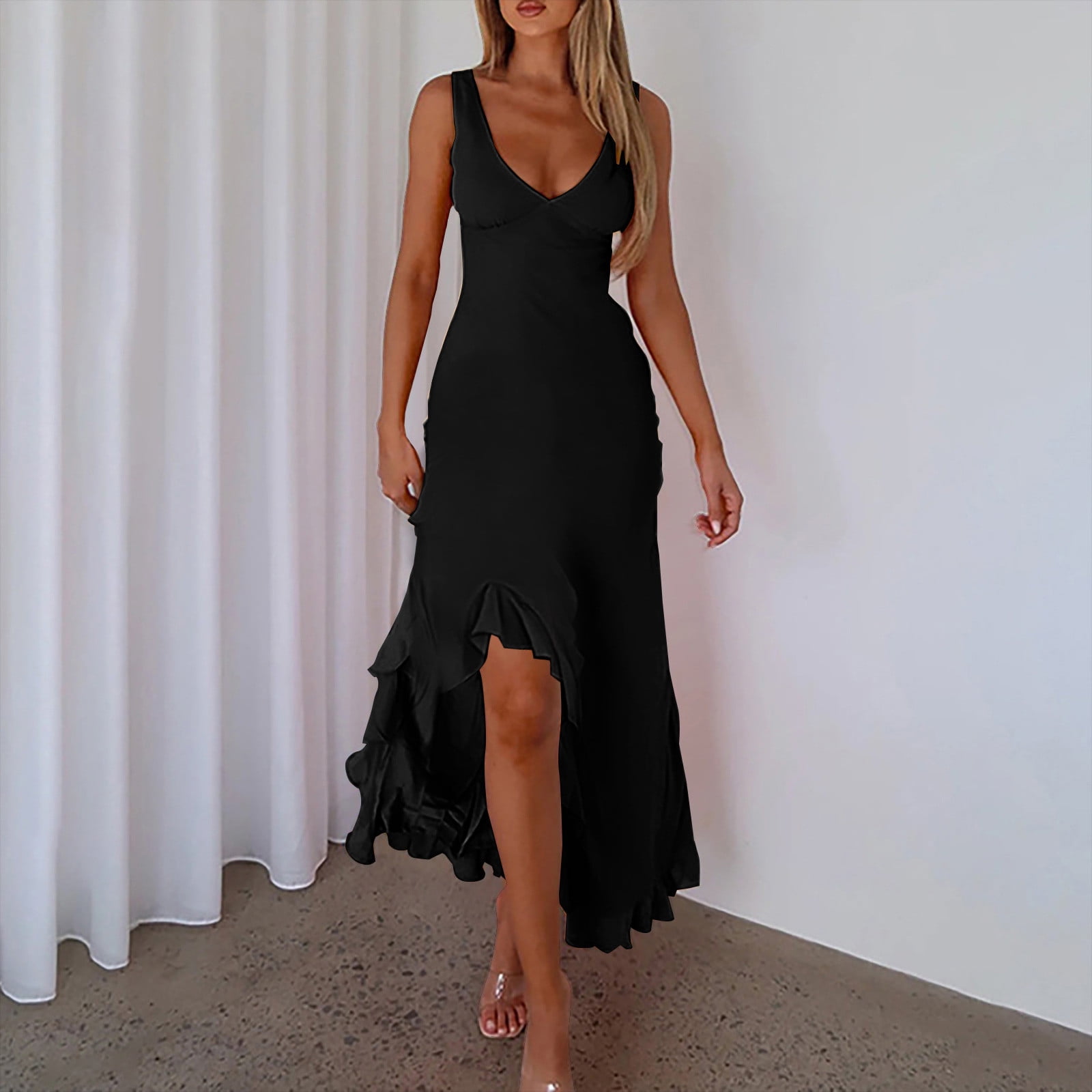 UPPADA Women Deep V Neck Sleeveless Mesh Ruffle Hem Bodycon Maxi Casual Backless High Slit ...