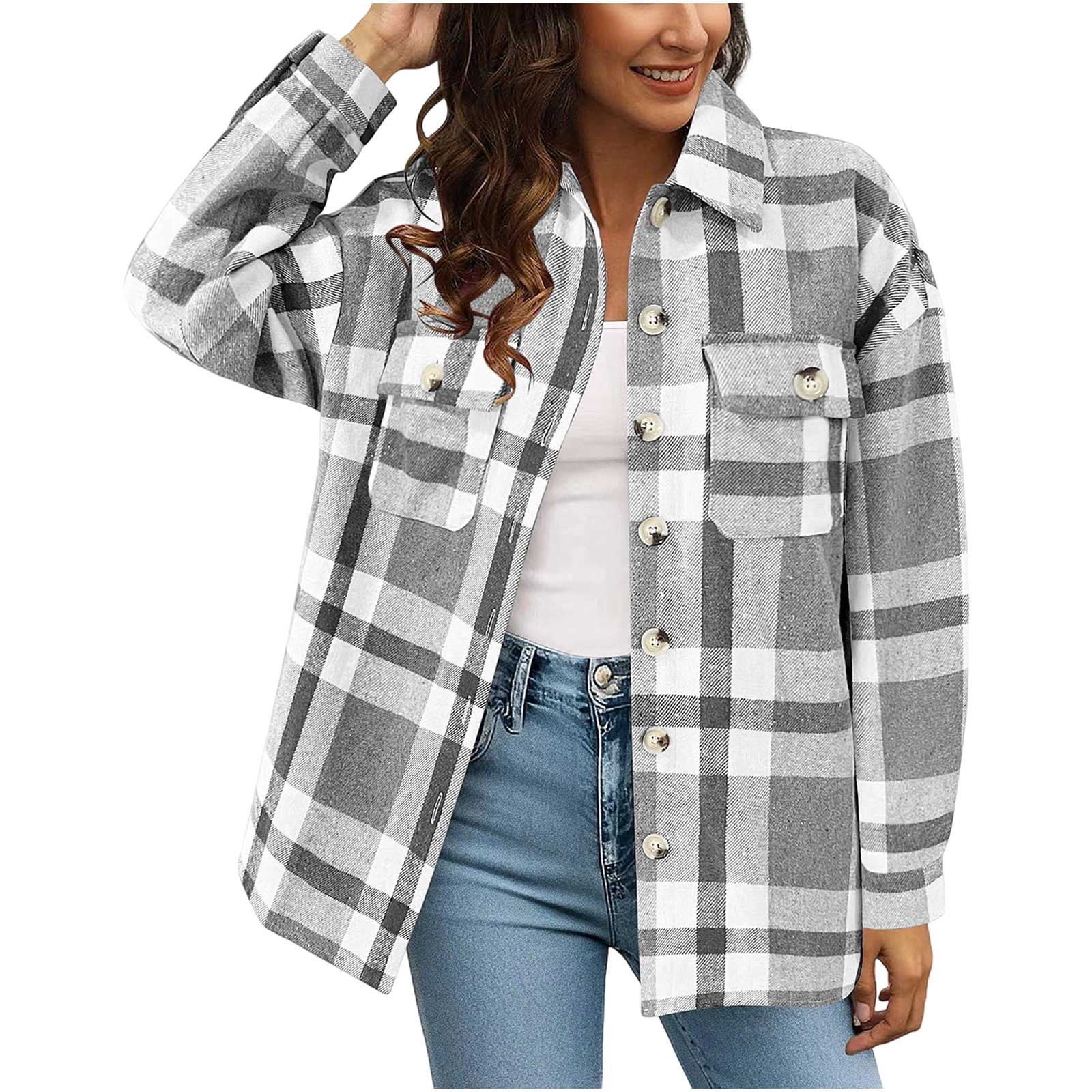 UPPADA Women Flannel Shacket Jacket Long Sleeve Plaid Button Down Shirt ...