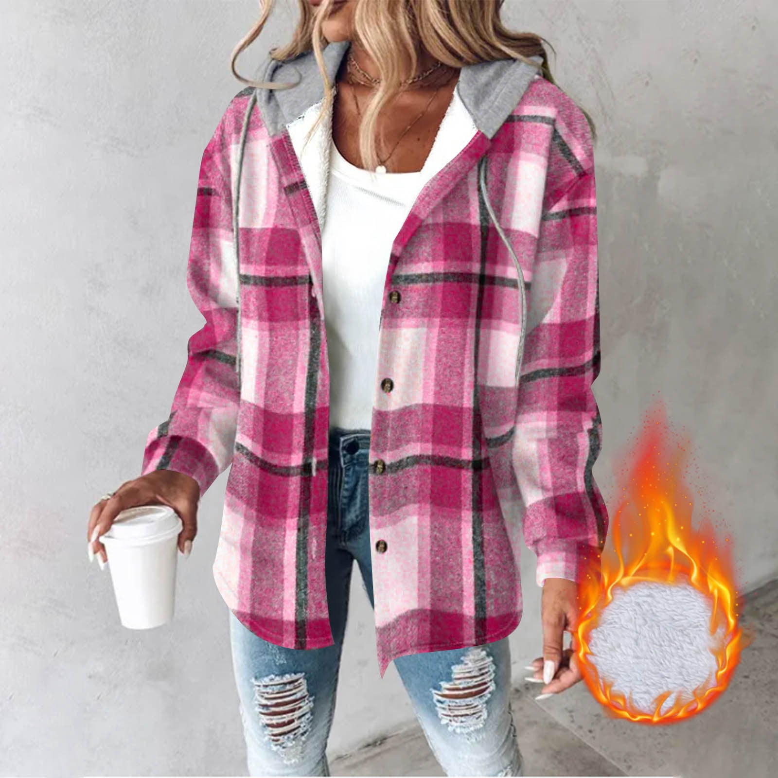 UPPADA Women Flannel Shacket Jacket Long Sleeve Plaid Button Down Shirt ...
