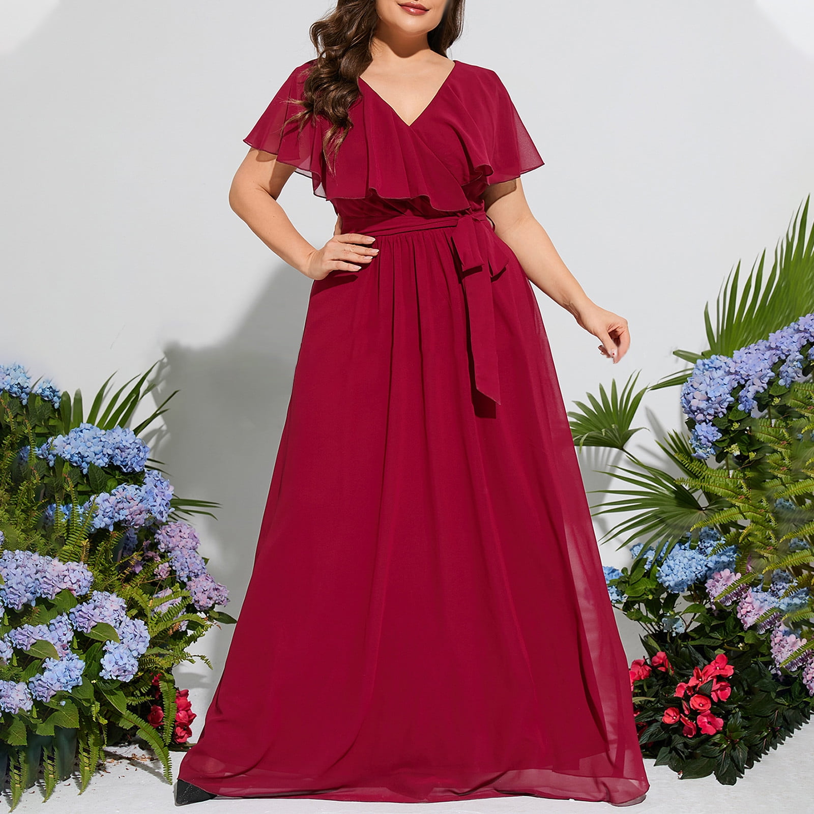 UPPADA Women Plus Size Maxi Dress Cocktail Wedding Guest Dress Short Sleeve Wrap V Neck Formal ...