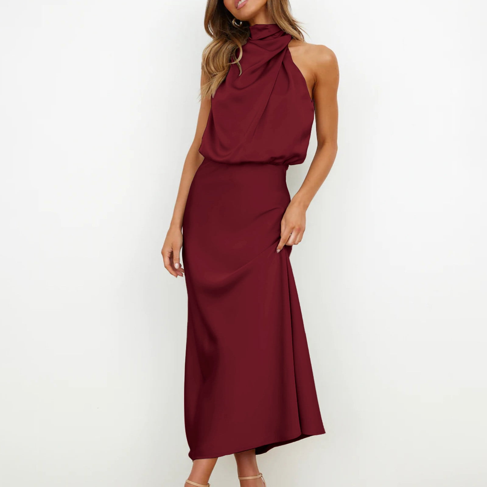 UPPADA Women's 2025 Summer Satin Dress Elegant Sleeveless Mock Neck ...