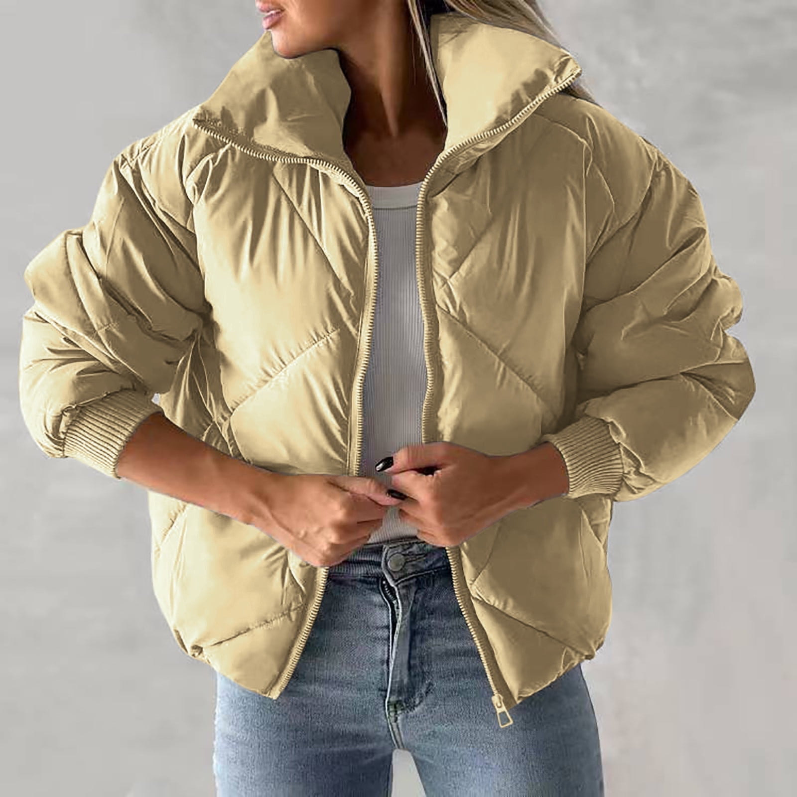 Uppada Womens Winter Cropped Puffer Jackets Long Sleeve Zip Up Puffer Jackets Oversized Button