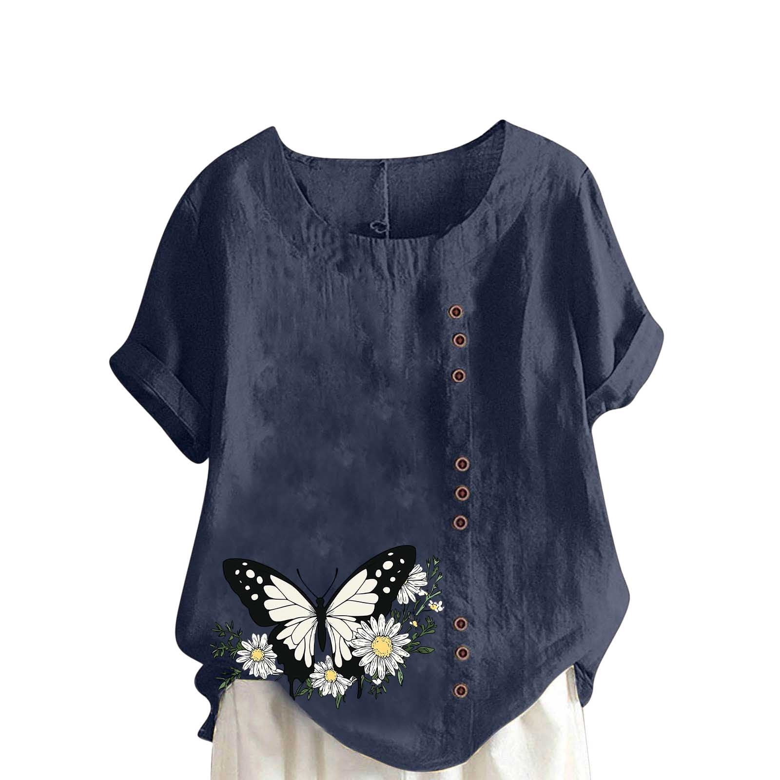 UPPADA Womens Floral Print Shirts Crewneck Cotton Linen Tunic Blouses ...