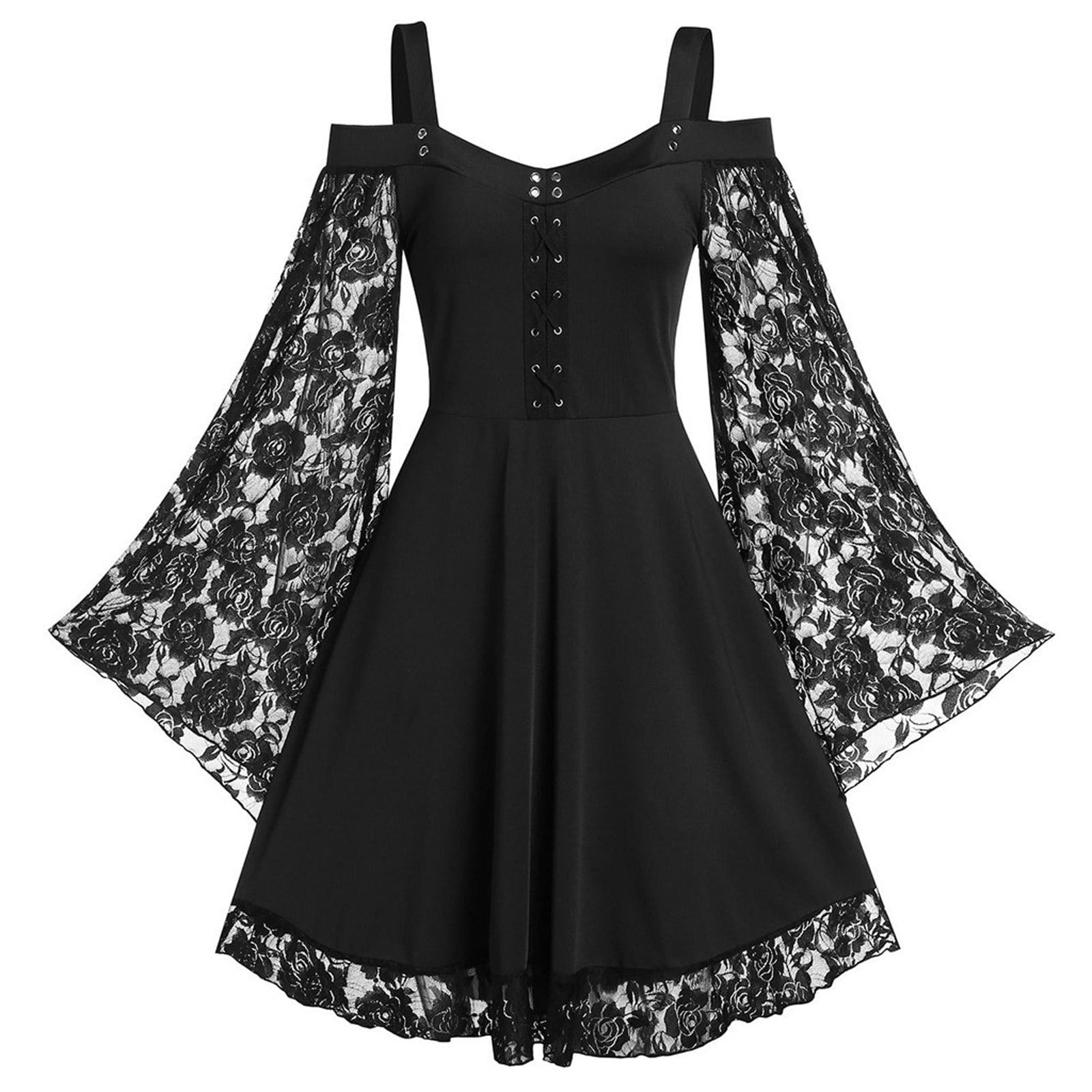 UPPADA Womens Gothic Vintage Dress Punk Lace Patchwork Dress Goth Bat ...