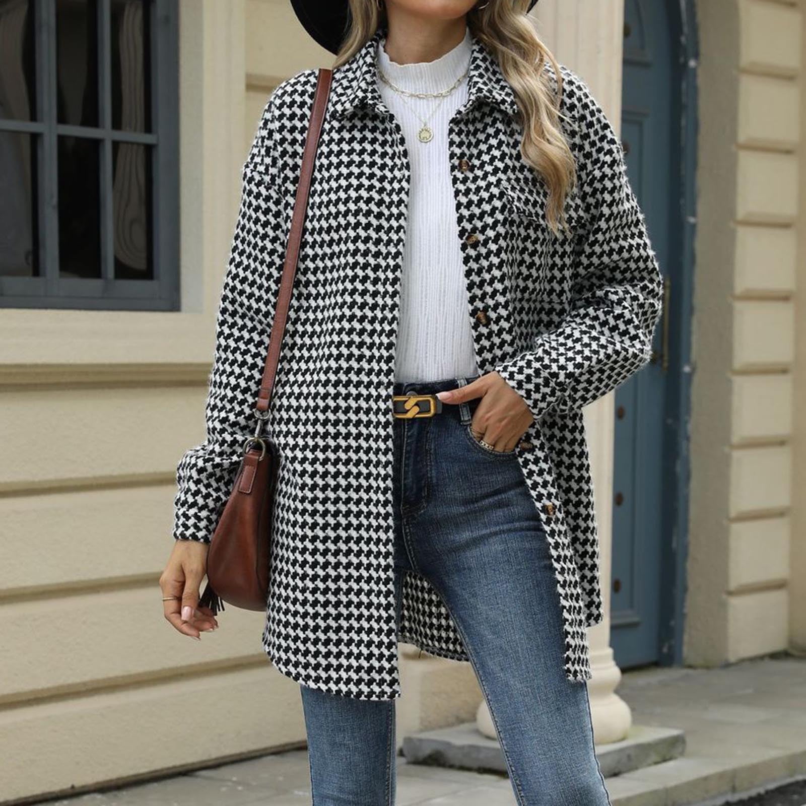 UPPADA Womens Houndstooth Coat Winter Long Overcoat Lapel Woolen Trench ...