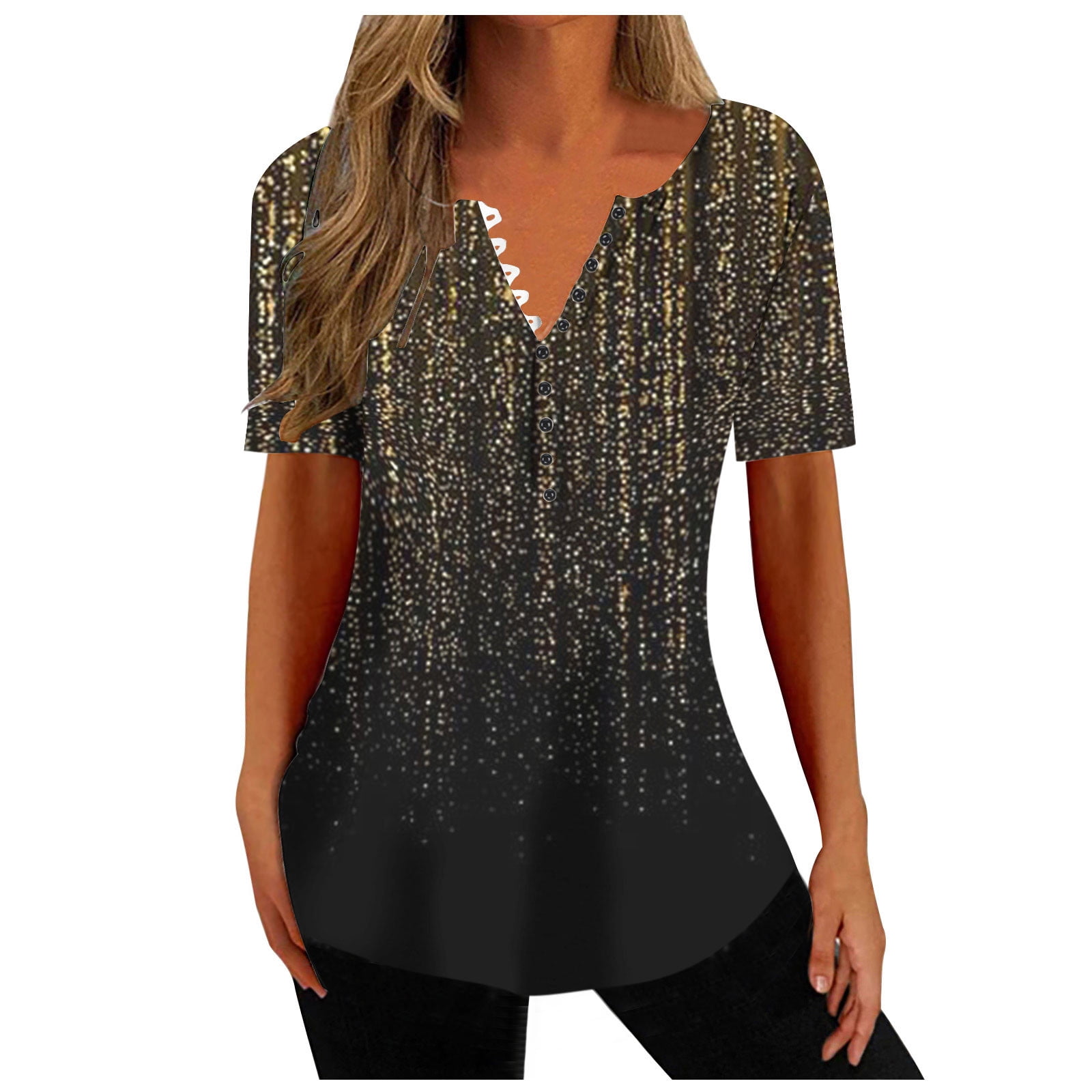 UPPADA Womens Tops Trendy Womens Hide Belly Tunic Buttons V Neck Floral ...