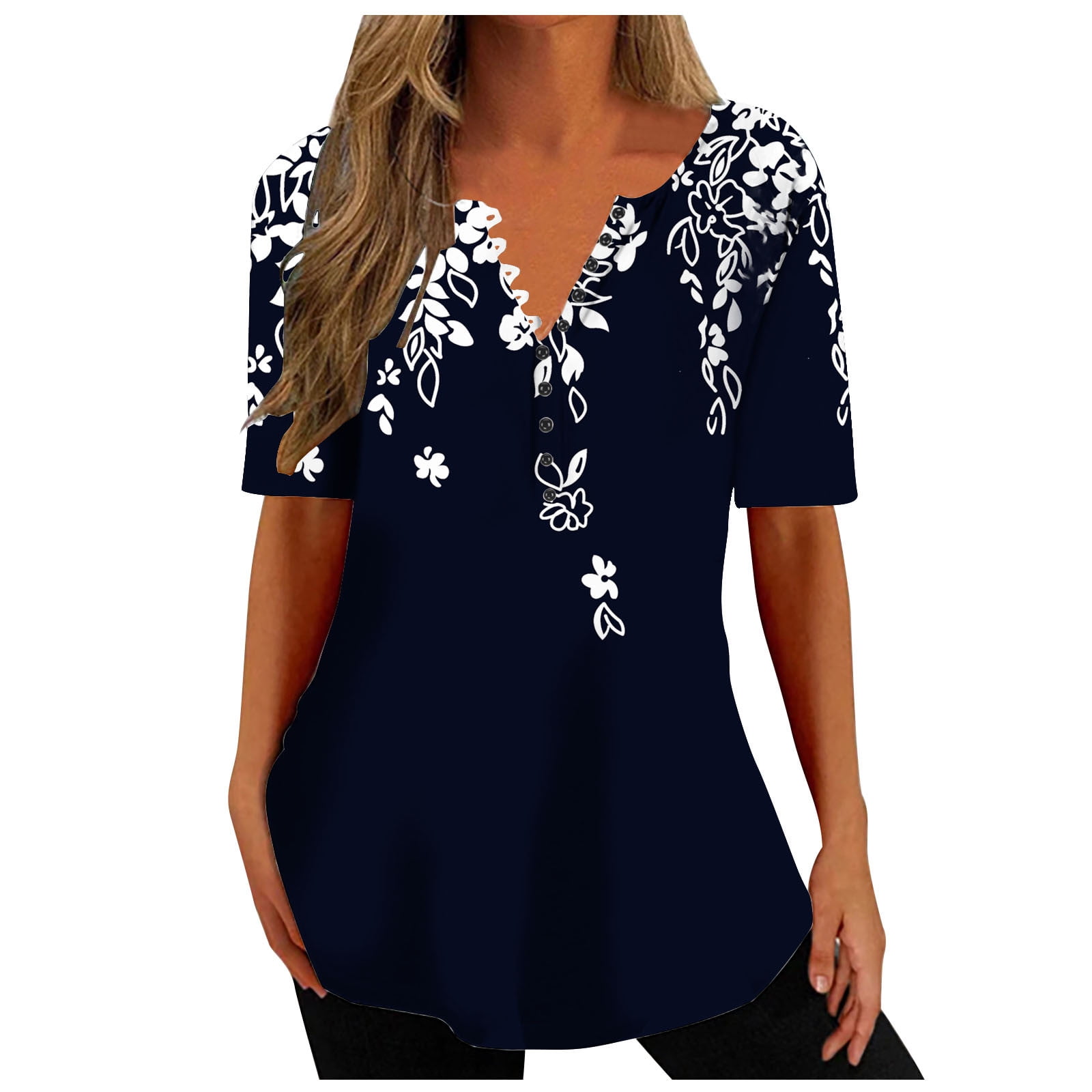 UPPADA Womens Tops Trendy Womens Hide Belly Tunic Buttons V Neck Floral ...