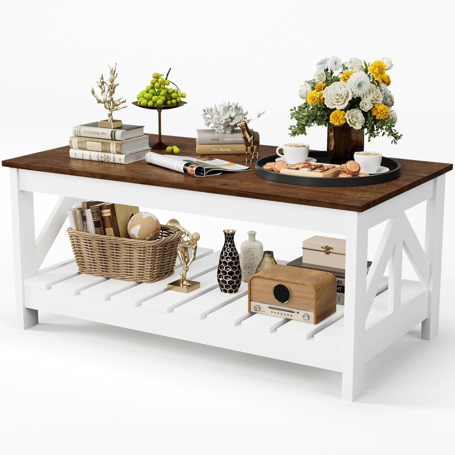 UPPYL 39” Farmhouse Coffee Table for Living Room, 2-Tier Modern Living ...