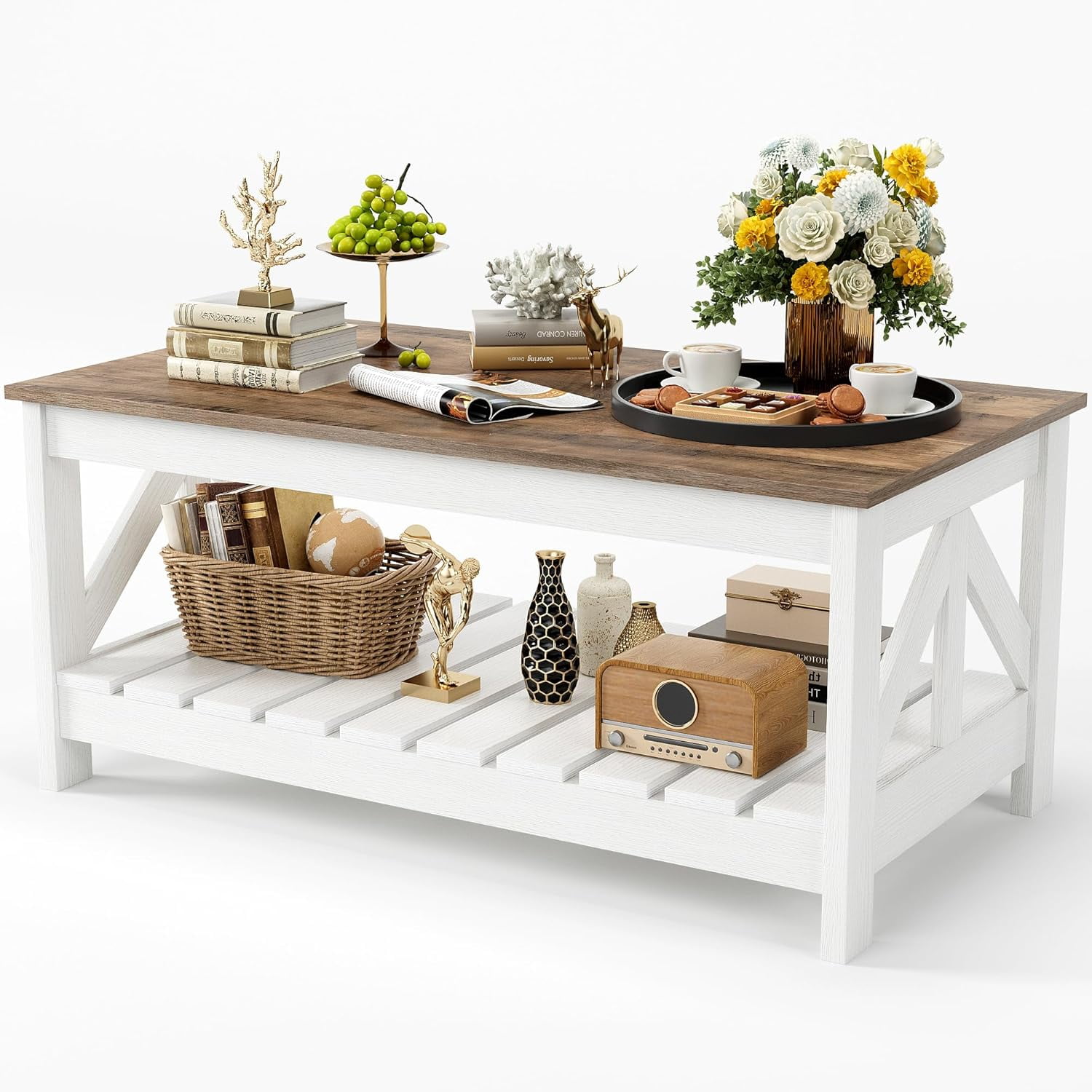 UPPYL 39” Farmhouse Coffee Table for Living Room, 2-Tier Modern Living Room Table with Storage ...