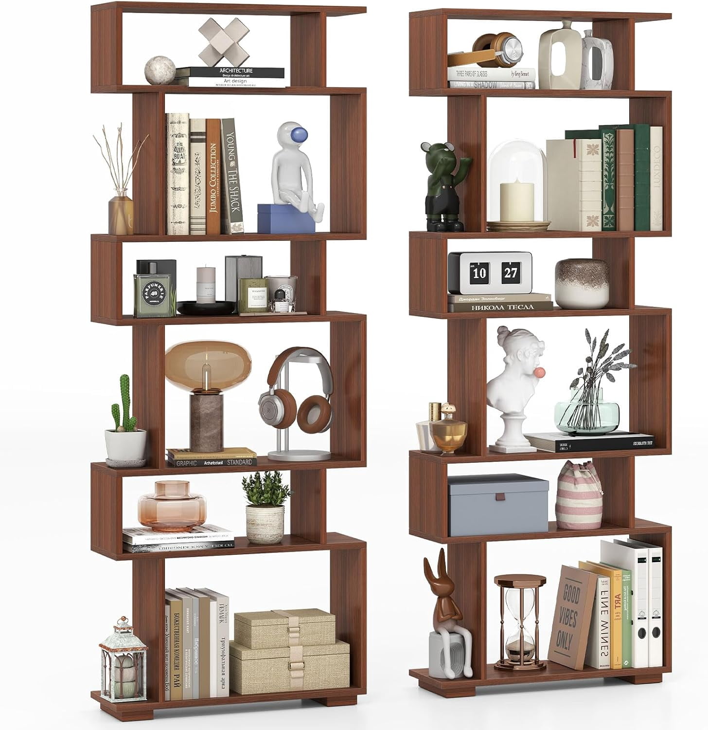 UPPYL 6-Tier Geometric Bookshelf, S-Shaped Bookcase with 2 Anti-Tipping ...
