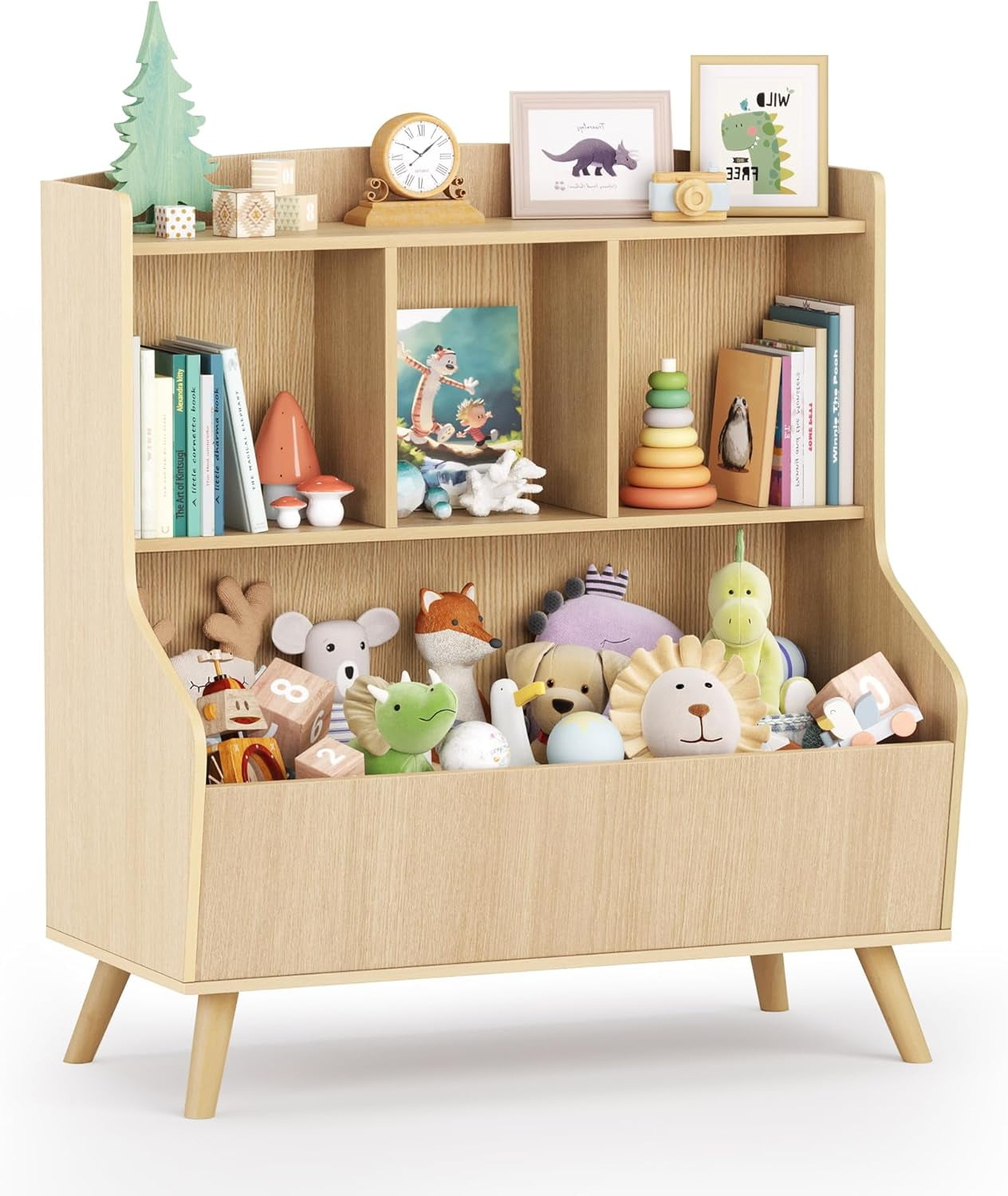 UPPYL Kids Bookshelf and Toy Storage, 3-Tier Wooden Bookcase, Baby Book ...