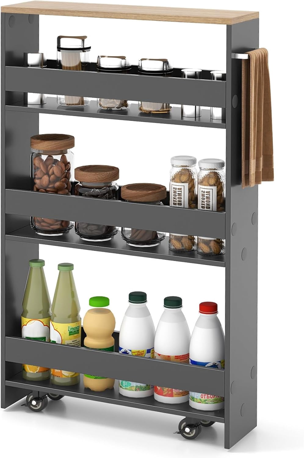 UPPYL Slim Rolling Storage Cart, 4-Tier Rolling Utility Cart, Wood ...