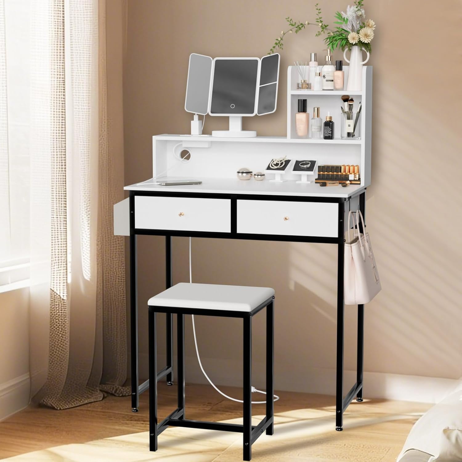 UPPYL Small Black Vanity Desk with Portable Mirror and Light, Makeup ...